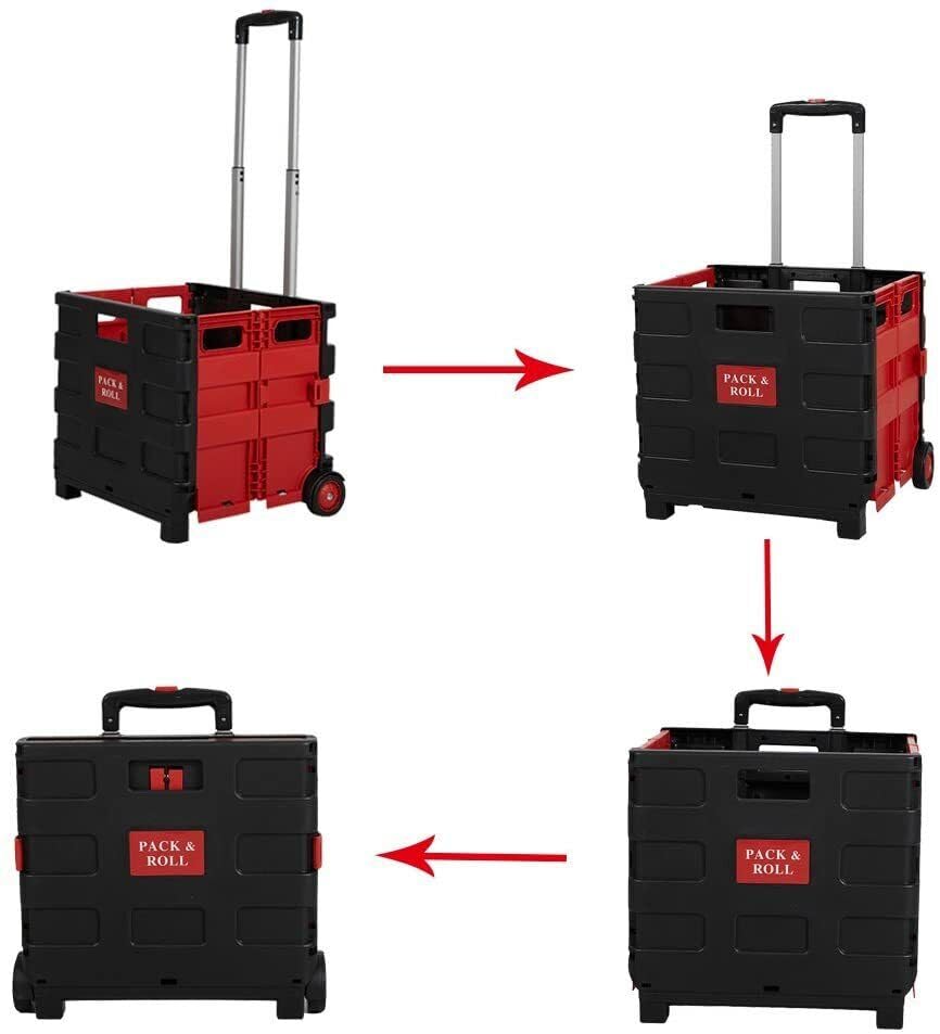 Shopping Cart Folding Basket Utility Cart Plastic Collapsible Trolley Rolling Wheels Utility (Red)