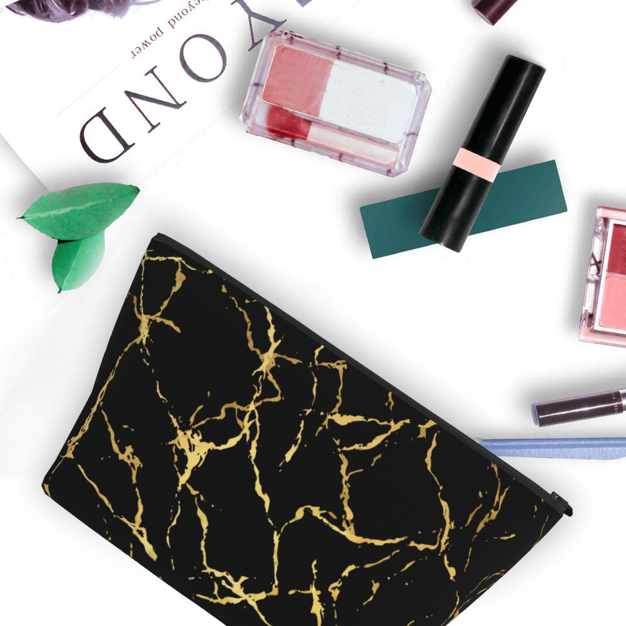 Women's Lightweight Makeup Bag Pouch Compatible with Gold Marbling Texture Black Marble, Funny Travel Cosmetic Bag Portable Pencil Bag with Zip for Office College Christmas Gift