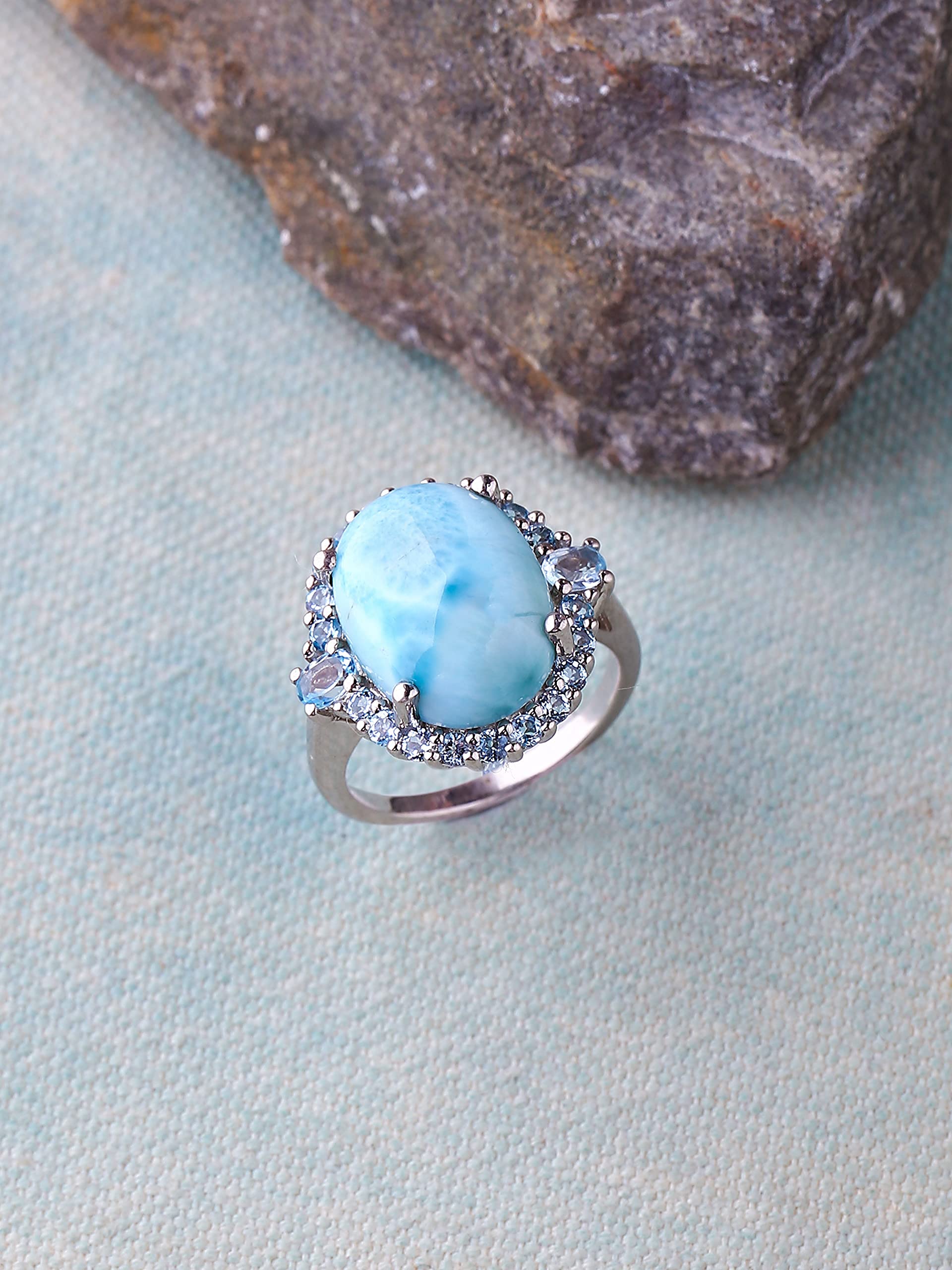 YoTreasure 12.03 Cts. Larimar Swiss Blue Topaz 925 Sterling Silver Cluster Ring