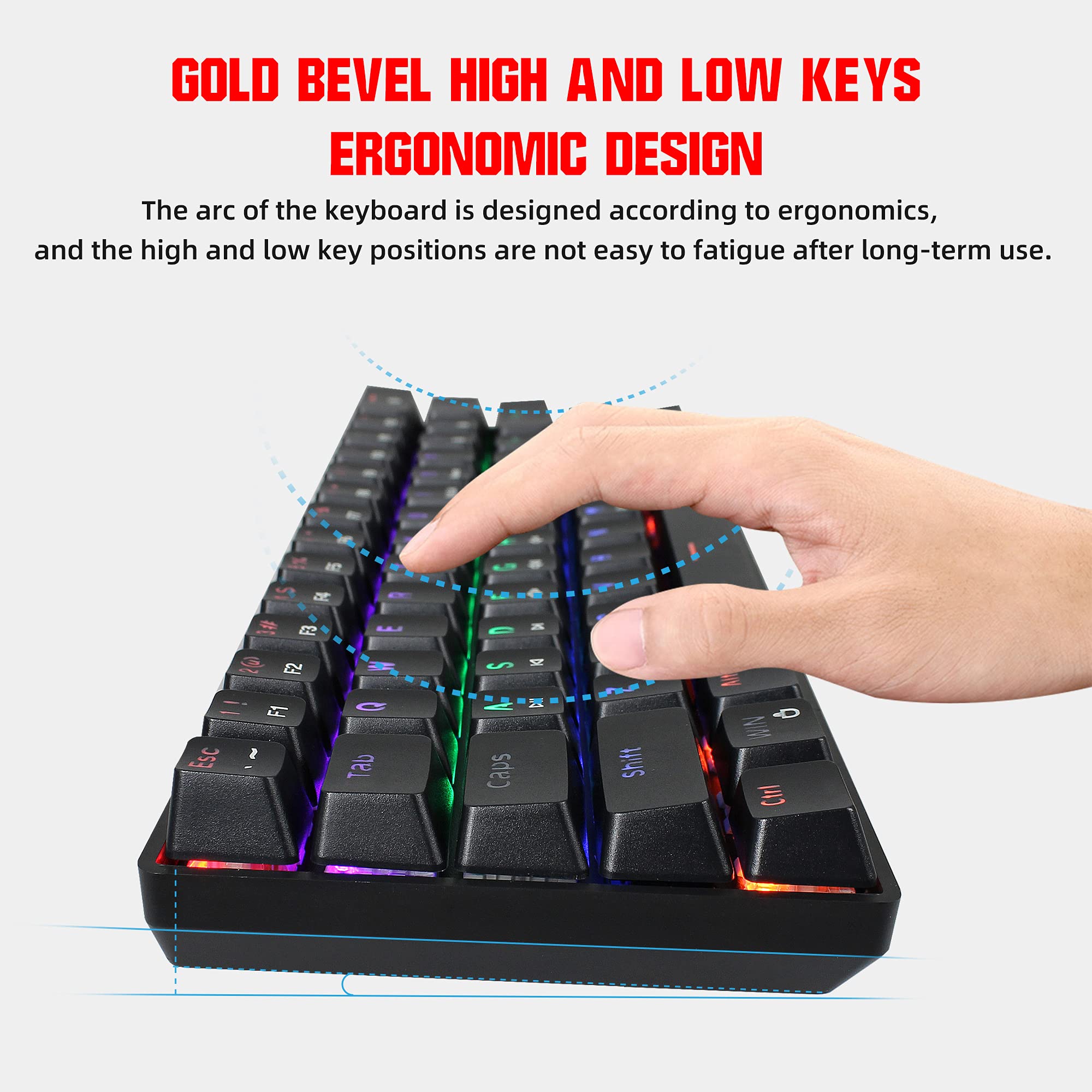 Wired 60% Mechanical Gaming Keyboard Mini Portable with Rainbow Backlit Full Anti-Ghosting 61 Key Ergonomic Double Foot Stand Type-C USB Waterproof for Typist Laptop PC Mac Gamer (Blue Switch),Black