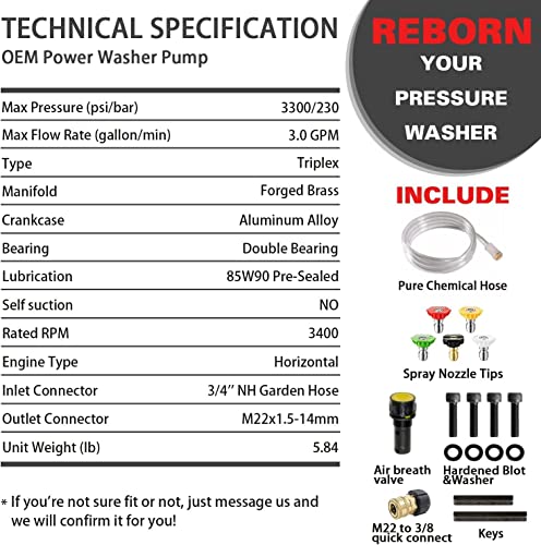 YAMATIC Pressure Washer Pump Injector Kit 4500 PSI- Original Engineering Pump for Most Brand engine power washe with Siphon Hose & Soap Nozzle,M22-15mm Connectors