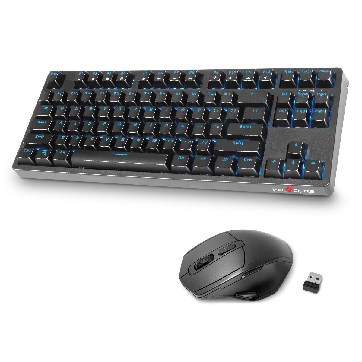 Wireless Keyboard and Mouse Combo, Velocifire KM01 87 Key Brown Switch Wireless Mechanical Keyboard with Ice Blue Backlit, Long Lasting Large Capacity Rechargeable Battery Small Keyboard