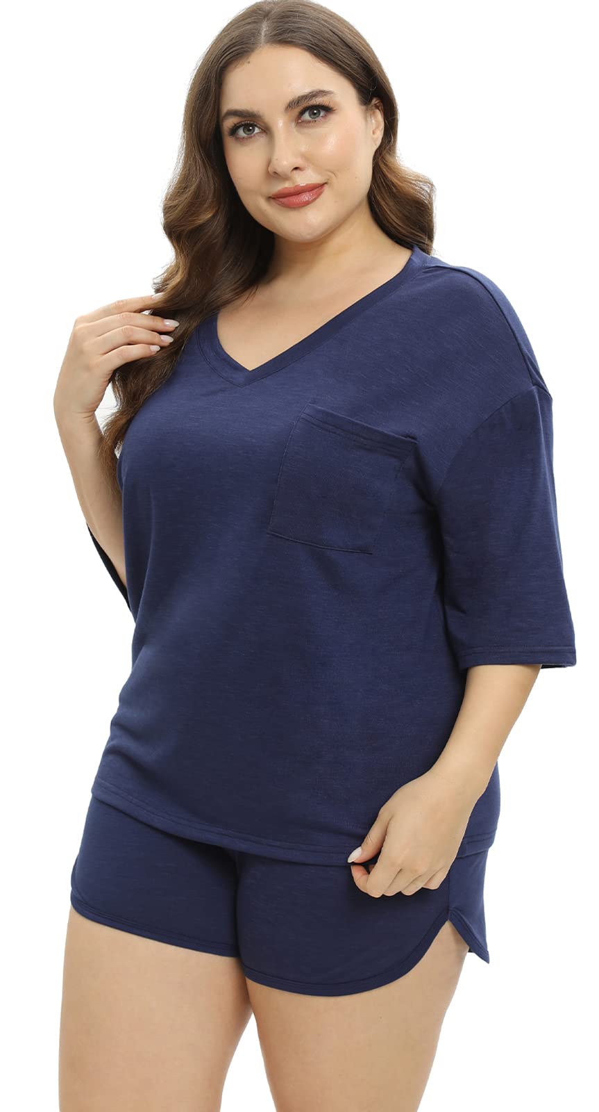 Women's Plus Size Short Pajama Set 2-Piece Pajamas Sets Shorts Summer Soft Pj Set Summer Lounge Set Sleepwear Navy