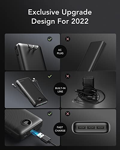VRURC Portable Charger 20000mAh, Fast Charging Power Bank USB C,4 Output 2 Input Charging Bank Equipped with LED Display,Built-in Wall Plug and Cables,Cell Phone Replacement Battery,Black