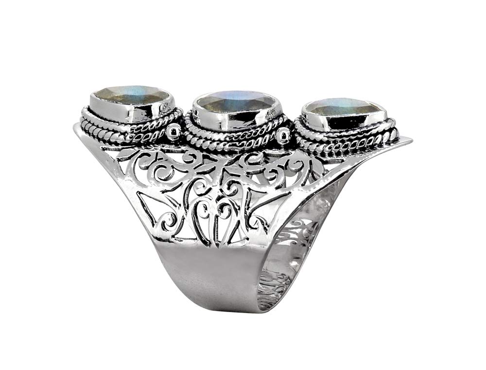 YoTreasure Labradorite Solid 925 Sterling Silver 3 Stone Ring