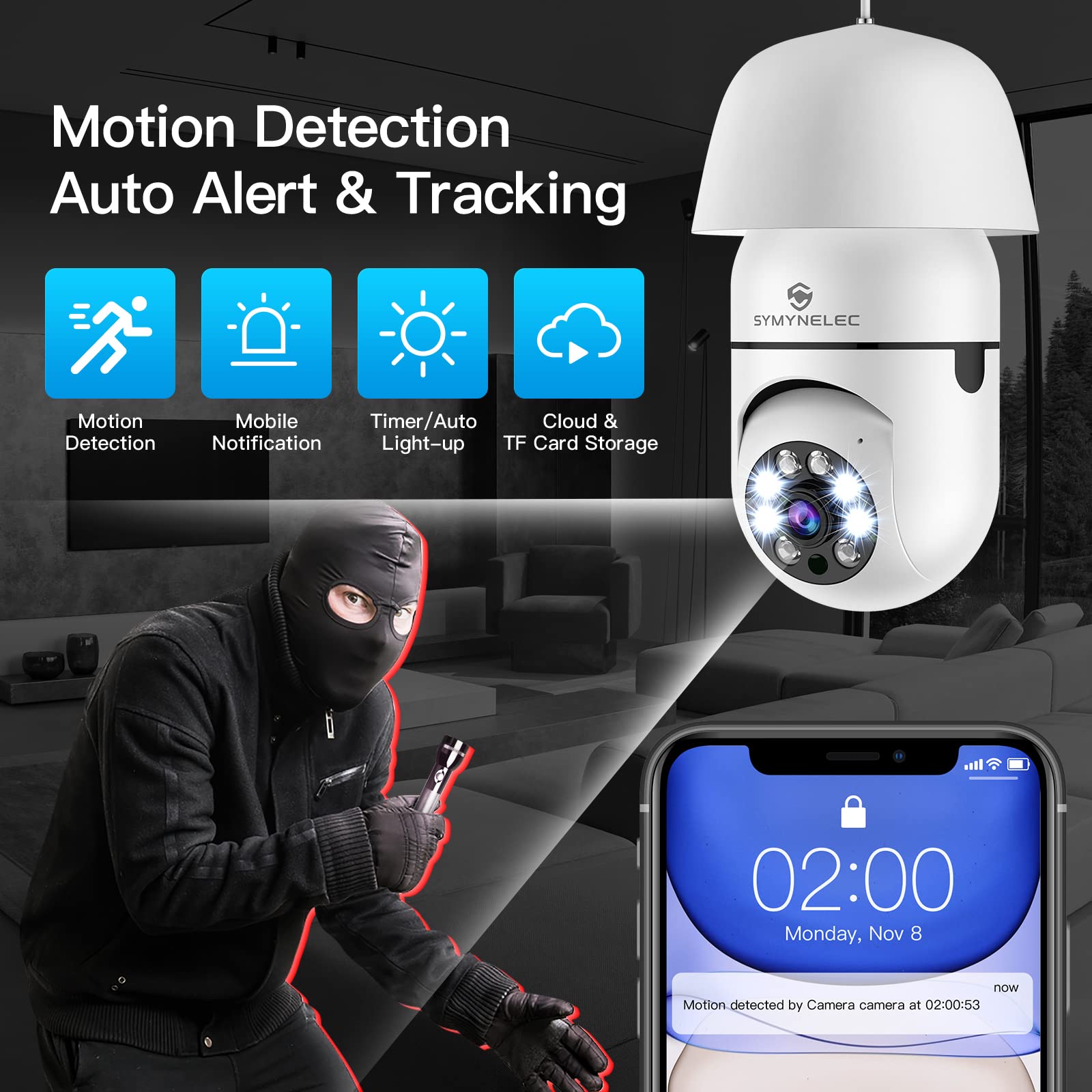 SYMYNELEC Light Bulb Security Camera 2K, 2.4GHz Wireless WiFi Light Socket Security Cameras, 360° Pan/Tilt Smart Lightbulb Cam Human Motion Detection Alarm Color Night Vision Works with Alexa Google
