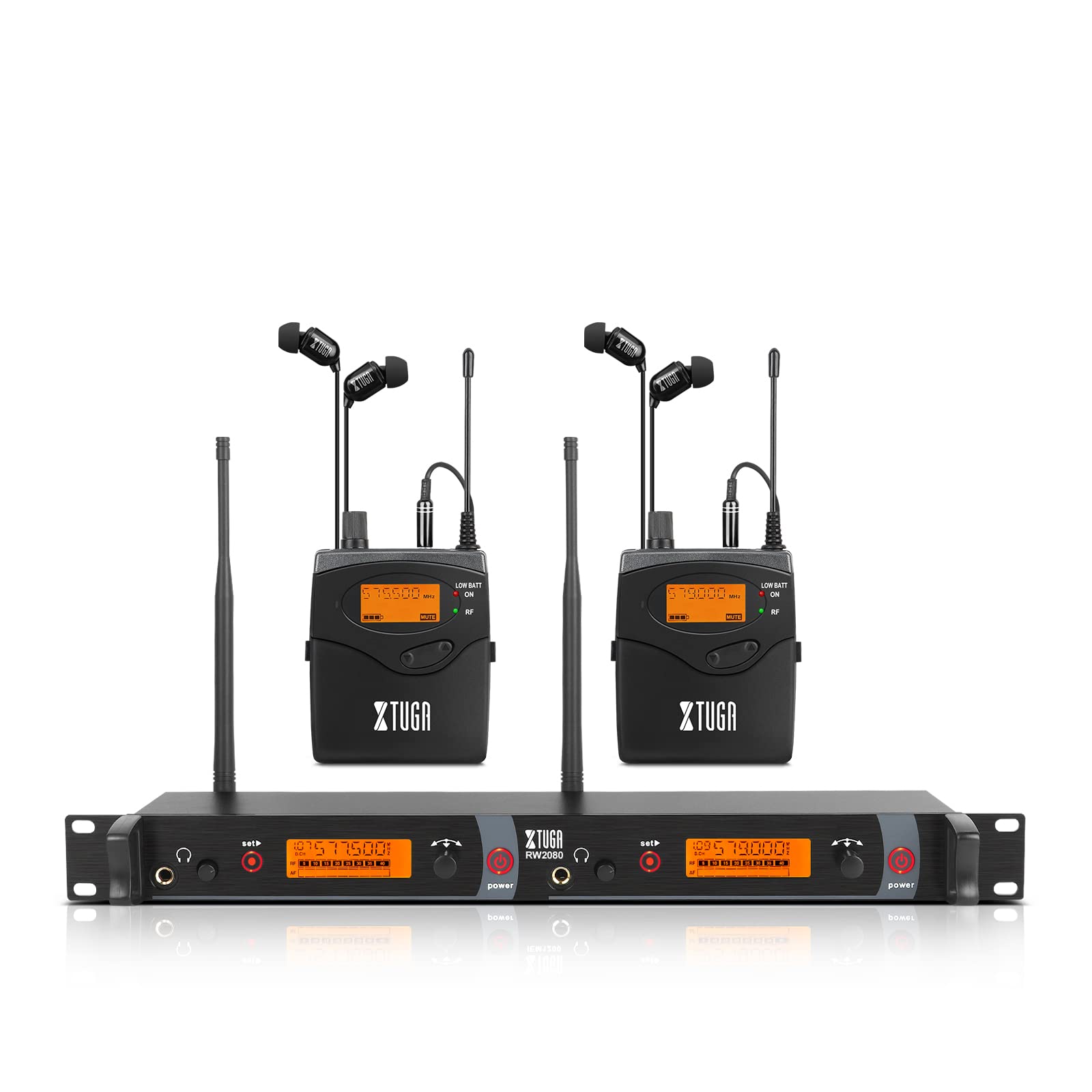 XTUGA RW2080 Mono Wireless in Ear Monitor System 2 Channel 2 Bodypacks with Earphones,300Ft Range, 40 Frequencies, in Ear Monitors for Singers, Band, Stage or Studio, 572MHz-599Mhz