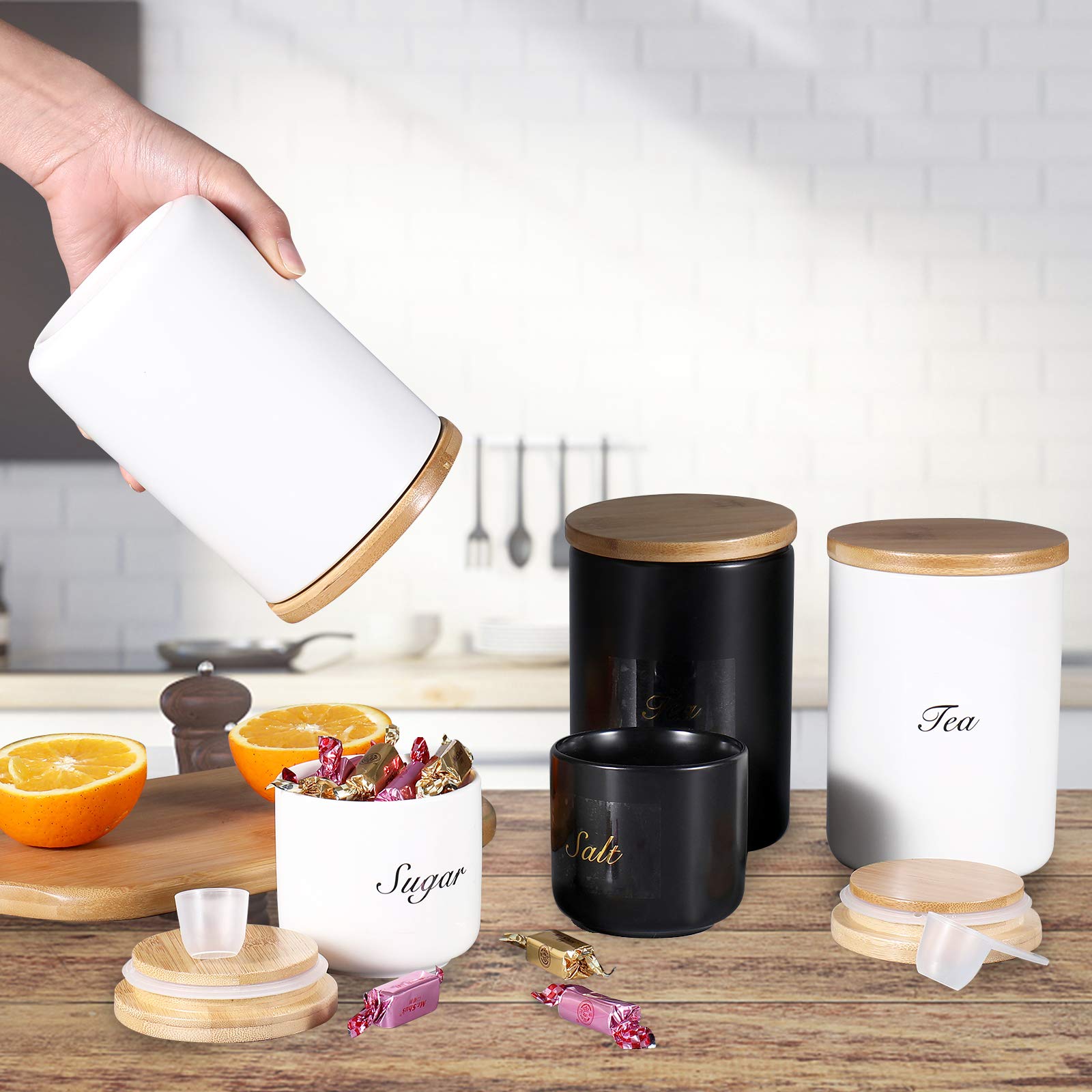 Yangbaga Canisters Sets for Kitchen-Set of 3 Kitchen Canisters for Countertop with Airtight Bamboo Lids/Spoons/Stickers, Ceramic Food Storage Containers for Large Flour,Suger,Coffee (42/30/9OZ)