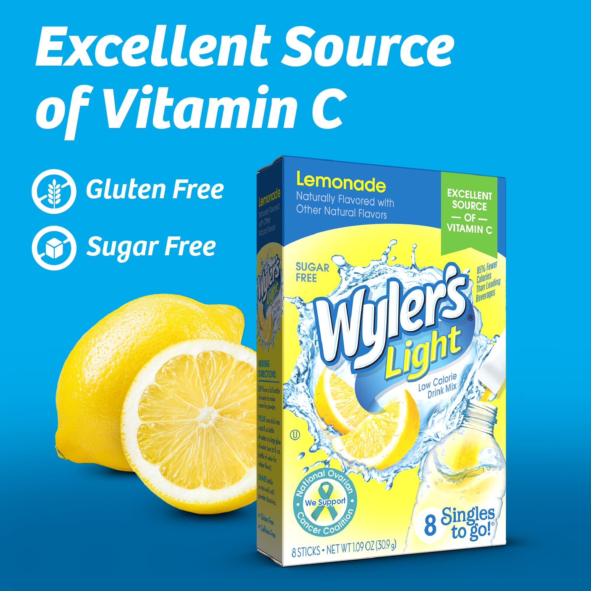 Wyler's Light Singles To Go Powder Packets, Water Drink Mix, Lemonade, 12 Boxes, 8 Servings per Box, 96 Total Servings