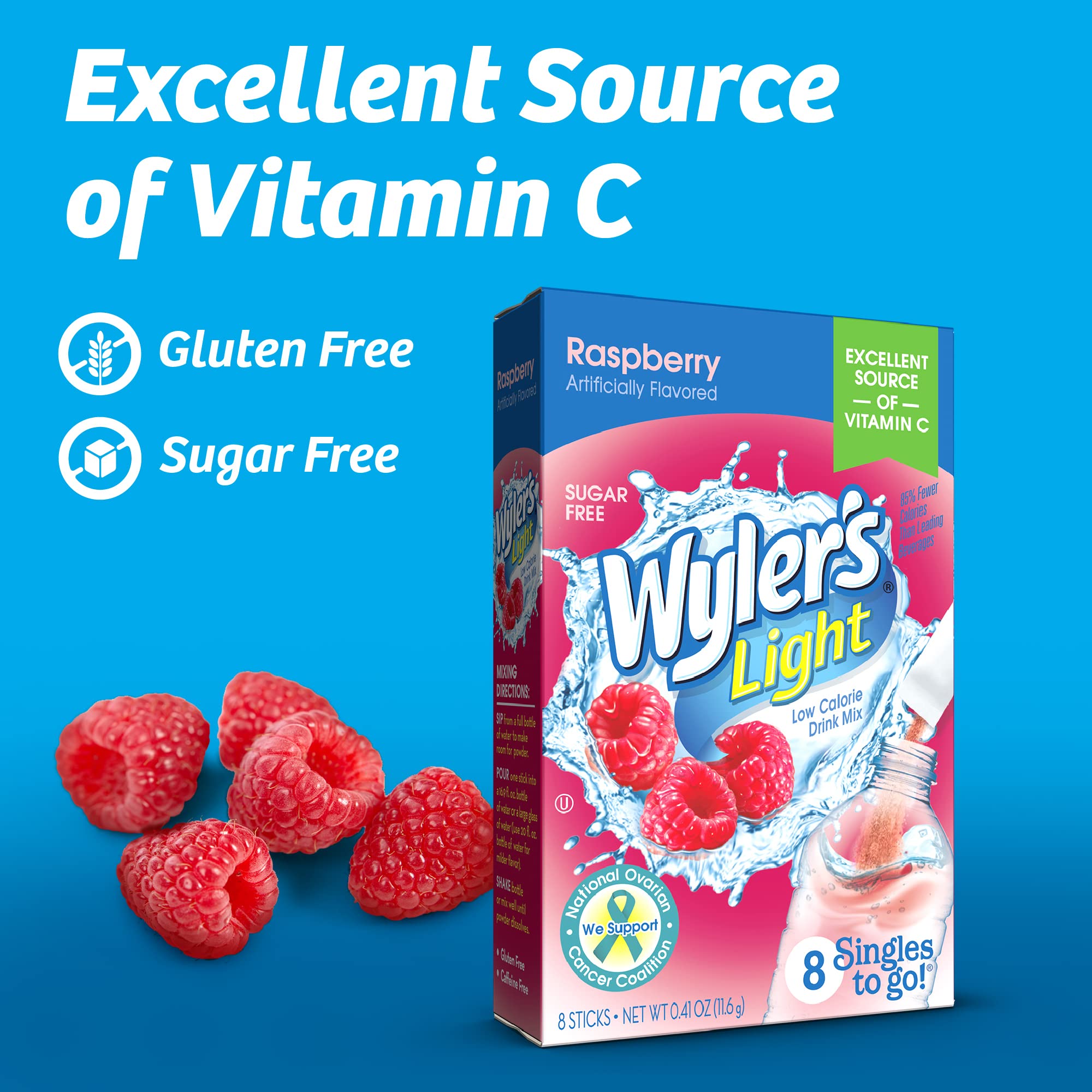 Wyler's Light Singles To Go Powder Packets, Water Drink Mix, Raspberry, 8 Packets per Box, 96 total Packets (Pack of 12)