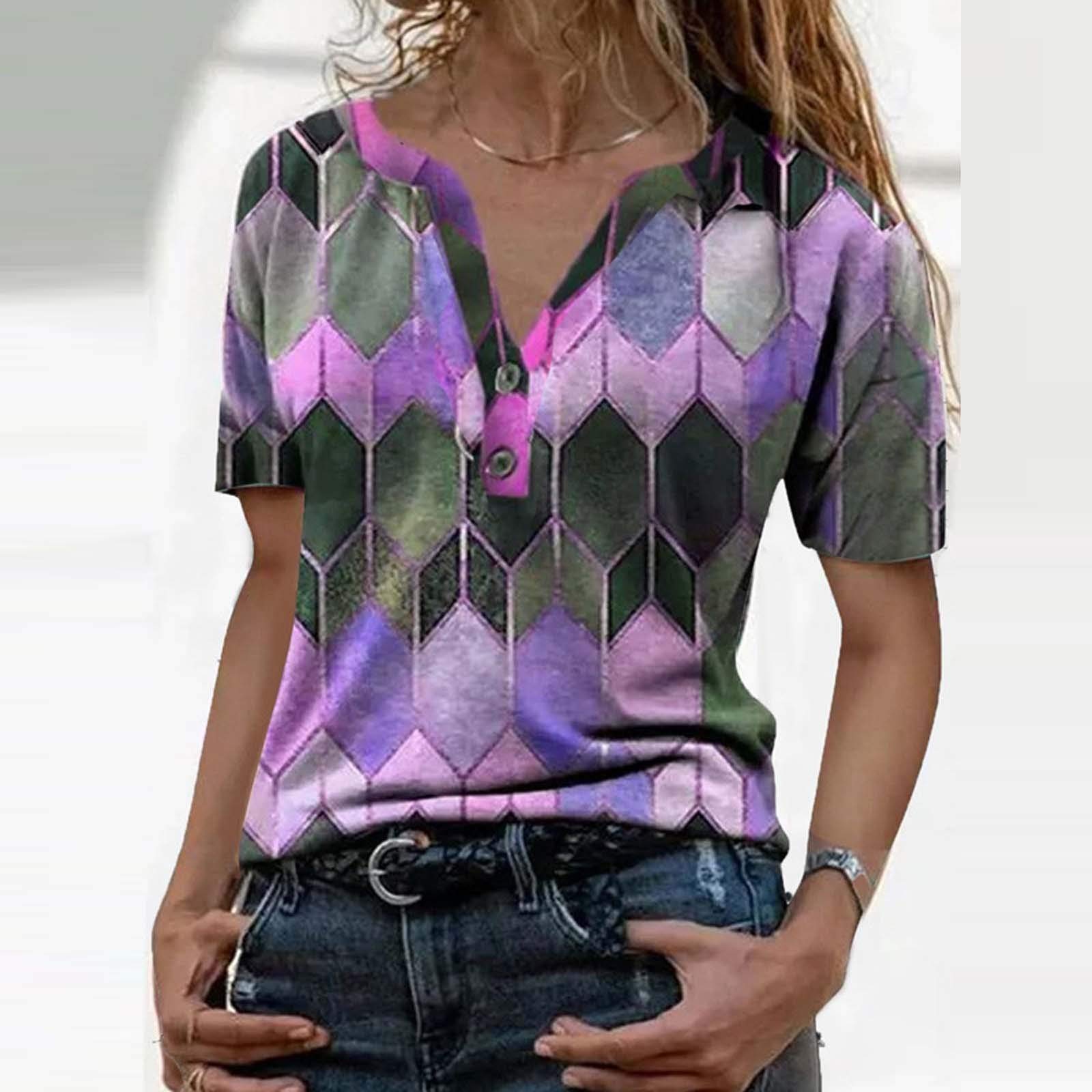 Women Zipper Letter Print Short Sleeve Top Casual V-Neck Blouse Shirts Slim Fit Tee Tunics