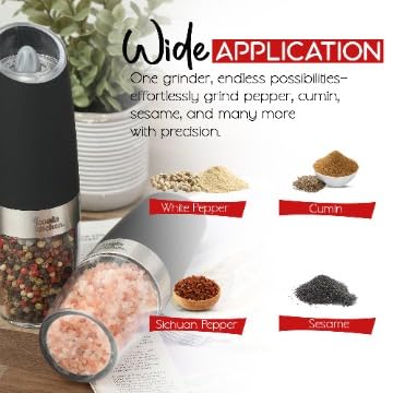The Koala Kitchen Co. Gravity Electric Salt and Pepper Grinder Set - Stainless Steel Salt and Pepper Shakers Adjustable Coarseness - Blue Light Battery Operated Salt and Pepper Mills, 2 Pack (Black)
