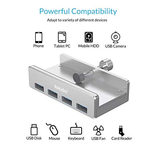 USB Hub 3.0 - Rekidm 4 Port Aluminum Desk USB Hub 3.0 Clamp Design for Desktop, Computer, PC, Table Edge with Durable Adjustable Clip, Space-saving Mountable USB Hub Fast Speed Transfer