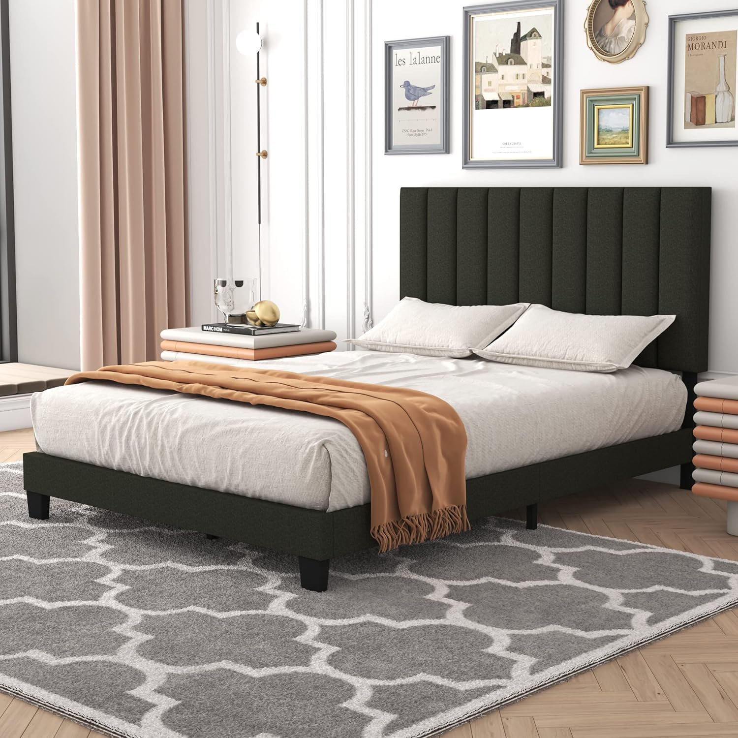 wOod-it Full Size Upholstered Platform Bed Frame with Adjustable Height Headboard/12 Solid Wooden Slats/Non-Slip and Noise-Free/No Box Spring Needed/Easy Assembly (Dark Grey)