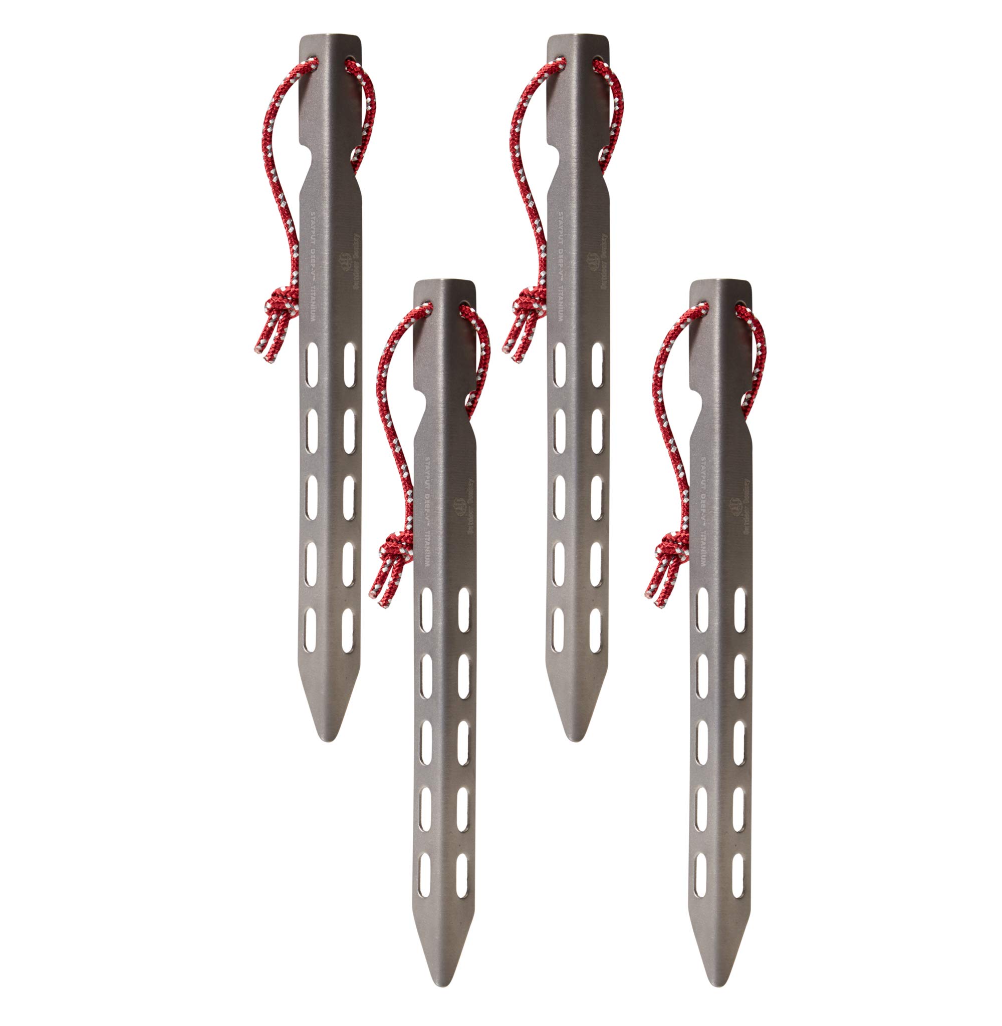 StayPut! Deep-V Titanium Tent Stake Anchor Peg with Soil Lock Technology Includes Reflective Pull Cord and Storage Pouch for Camping and Backpacking (4-Pack & Stake Bag)