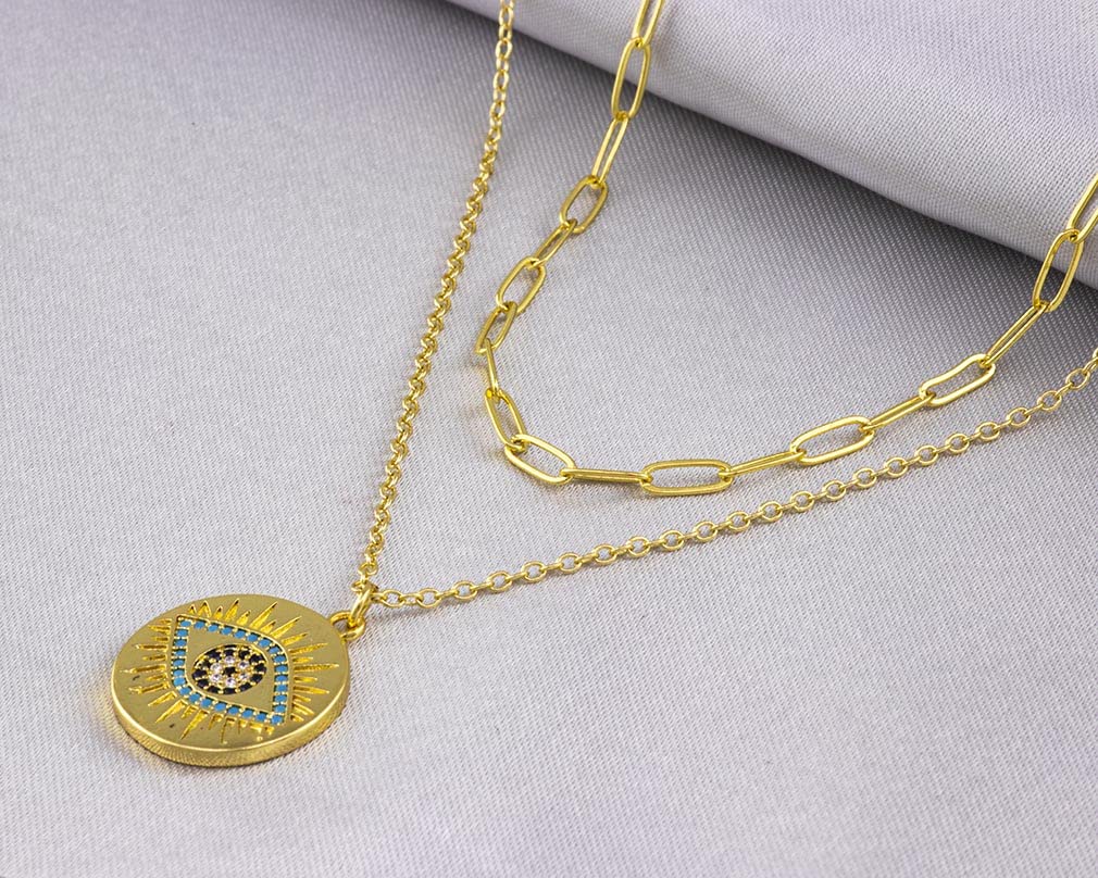WDSHOW Layered Paperclip Choker Evil Eye Pendant Necklaces Gifts for Women (A style)