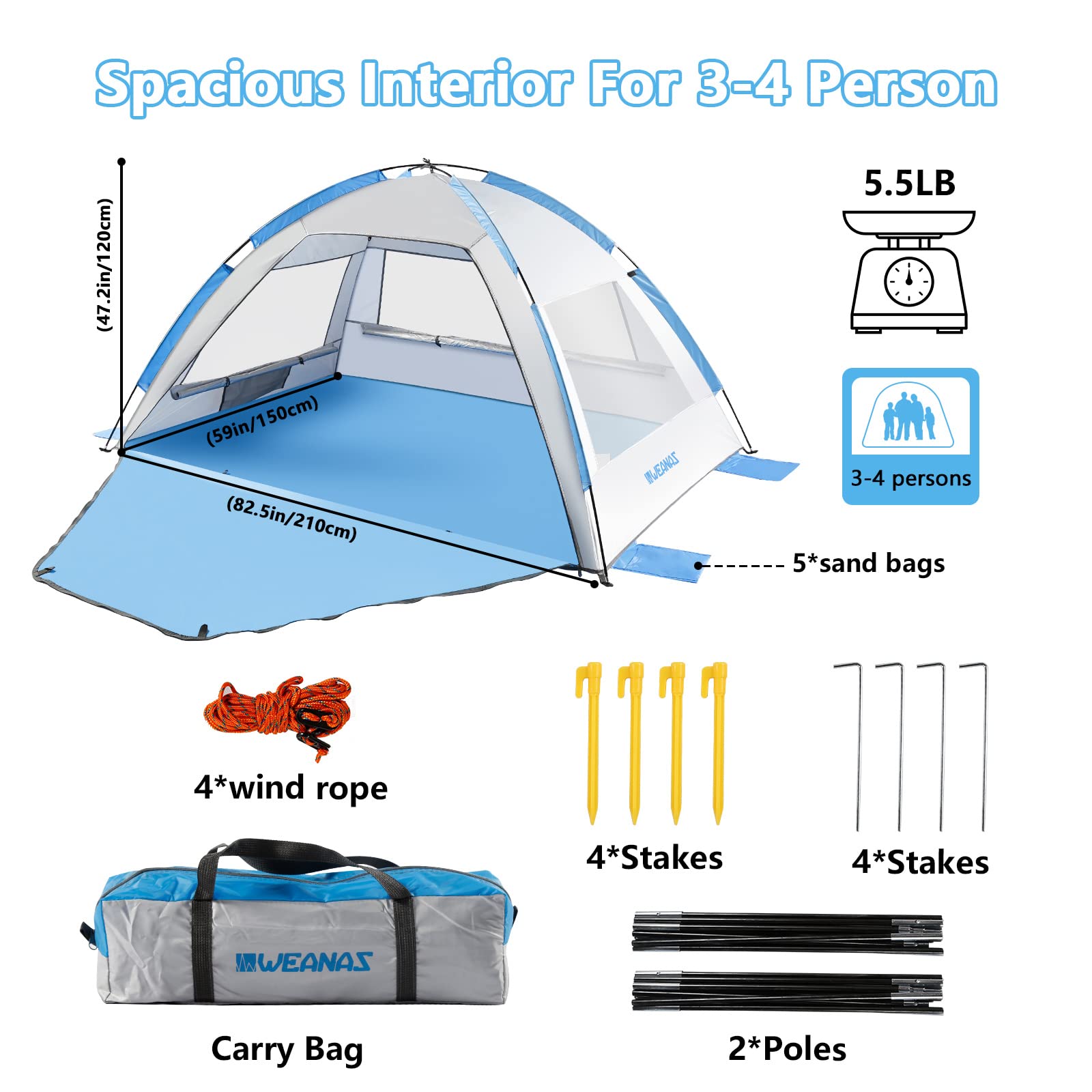 Weanas Beach Tent Sun Shelter, 3-4 Person Portable Sun Shade Shelter UV Protection Easy Setup Lightweight Beach Shelter Tent with Extended Floor & 3 Ventilating Roll Up Windows