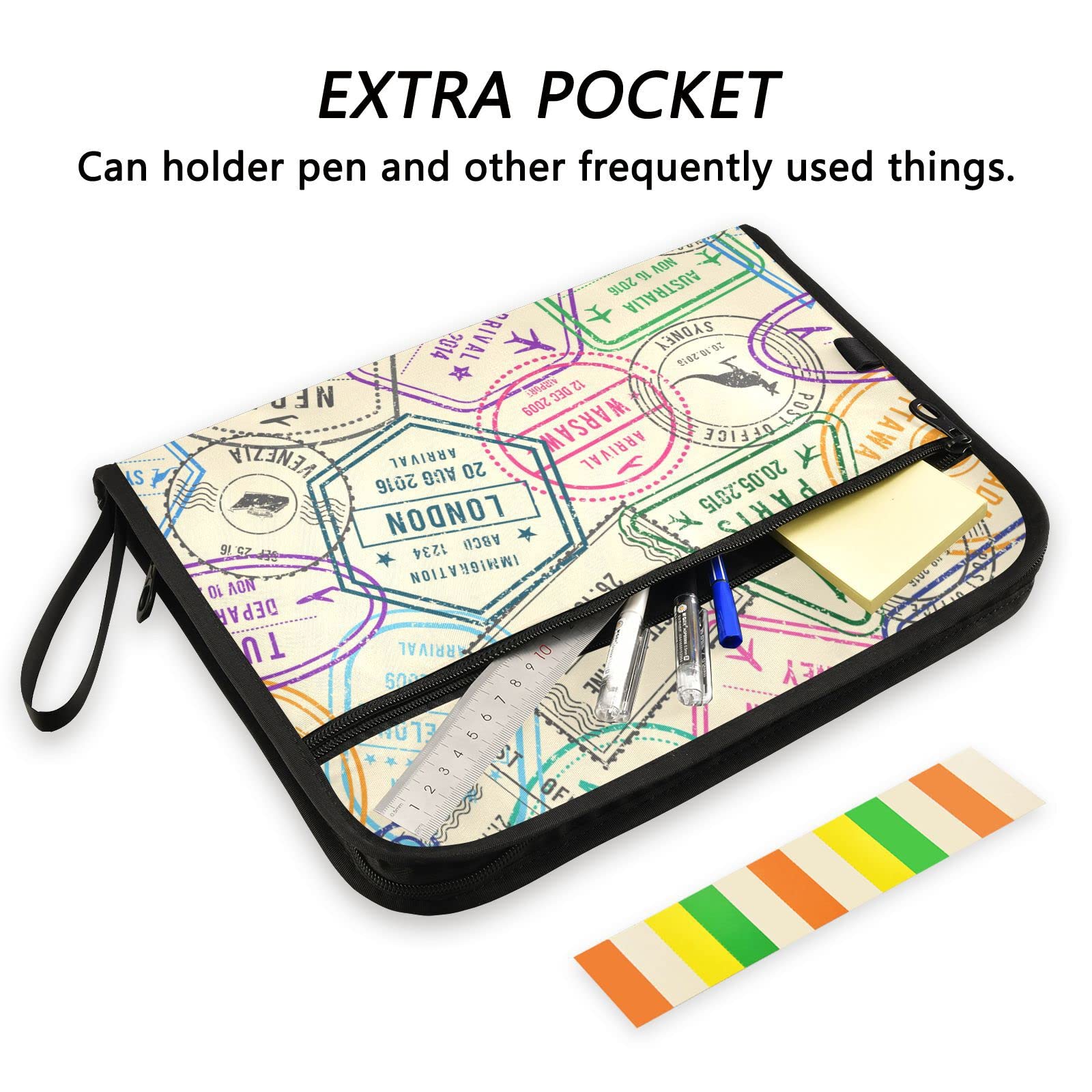 Travel Stamps Visa Accordion File Organizer Portable Document Receipt Organizer File Folders with Pockets Labels Card Organizer for Home Office School Supplies