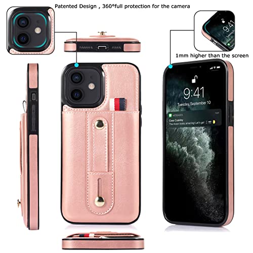 ZCDAYE Wallet Case for iPhone 14 with Card Holder, Non-Slip Finger Holder Adjustable Leather Loop Strap Anti-Scratch Protective Phone Cover for iPhone 14 (6.1 inches), Pink