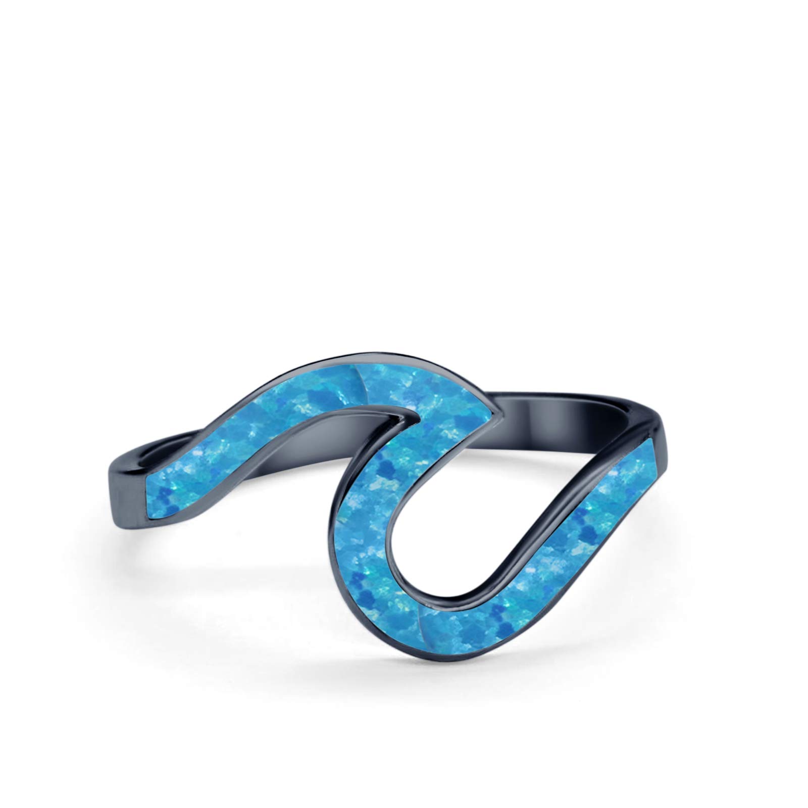 Wave Ring Band Swirl Created Lab Blue Opal Black Tone Rhodium Plated 925 Sterling Silver-SIZE 9