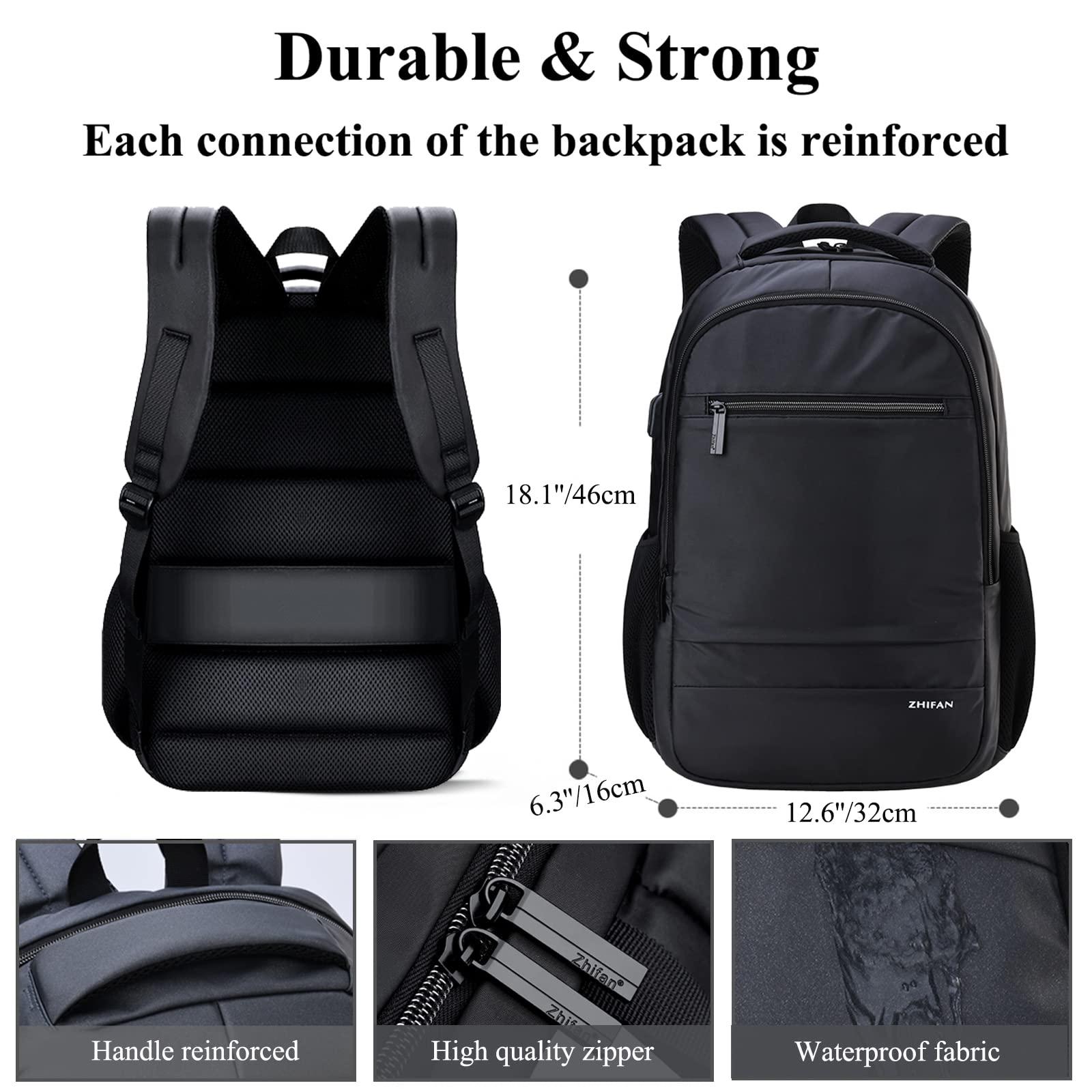 Vaupan Laptop Backpack, Business Travel Backpack with USB Charging Port, Durable Water Resistant College Bookbag Computer Bag Gifts for Men & Women Fits 15.6 Inch Notebook (Black)