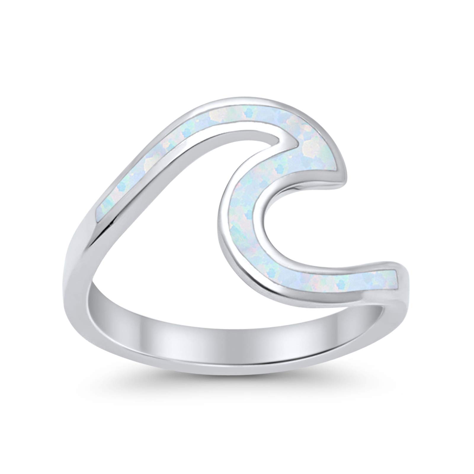 Wave Swirl Band Ring Irregular Shape Lab Created White Opal 925 Sterling Silver, Size-6