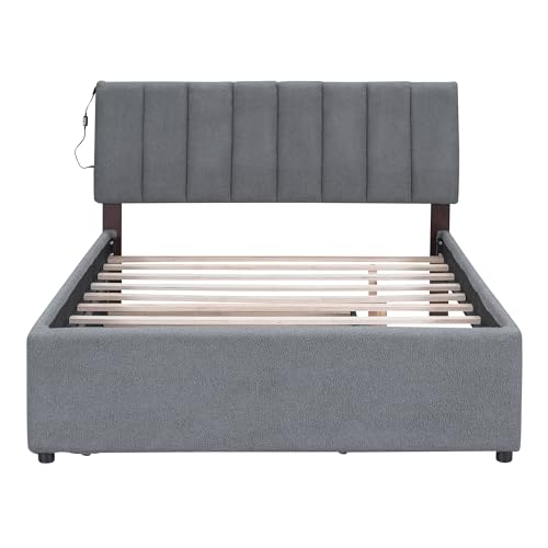 WOXYX Full Size Upholstered Platform Bed,Teddy Fleece Headboard with Trundle,Grey