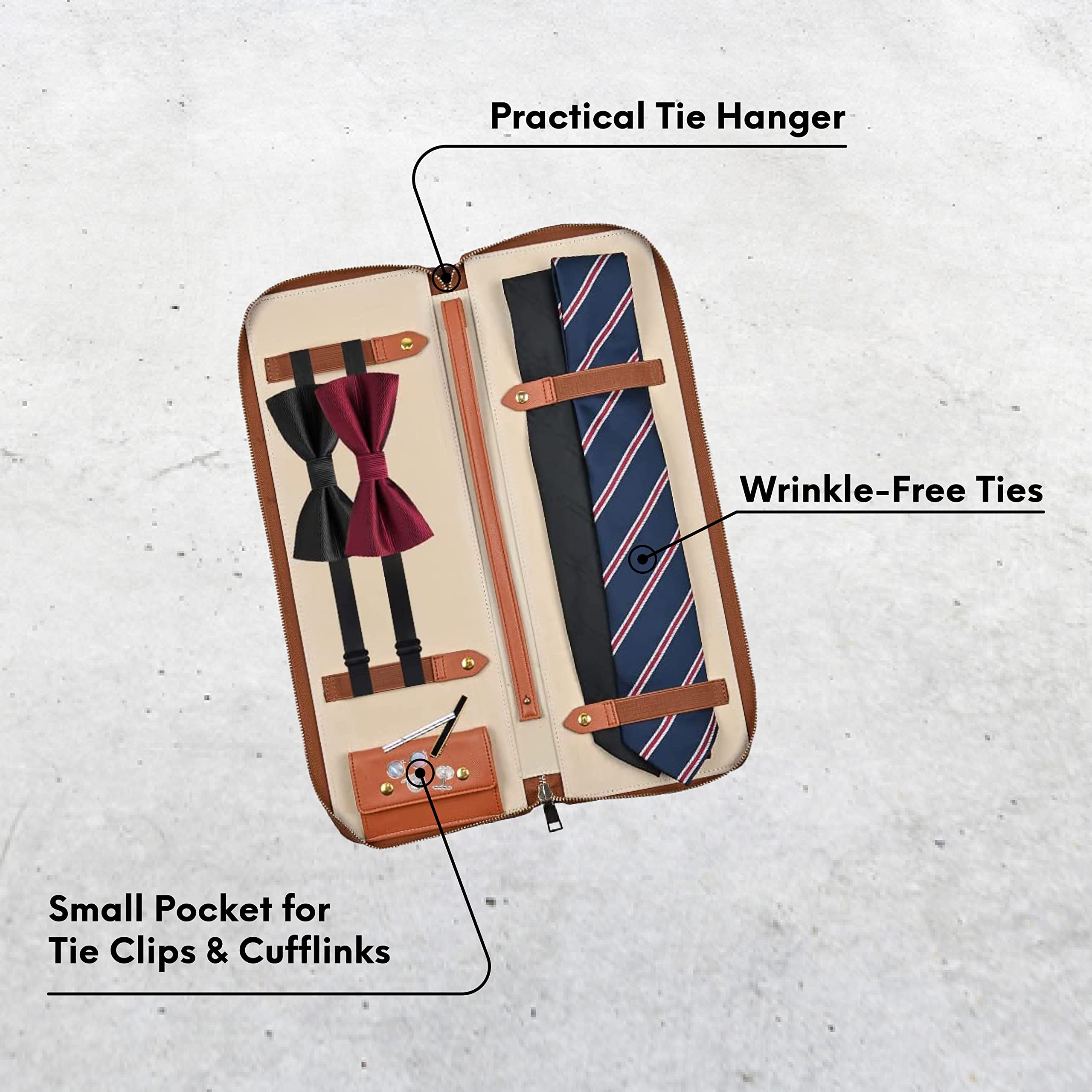 UTILE Tie PU Leather Storage Case for Travel β Holder for Mens Ties, Necktie, Bow Tie, Tie Bar and Cufflinks (17.3 x 6.7 x 1.6 Inches) (Brown, 1 Unit)