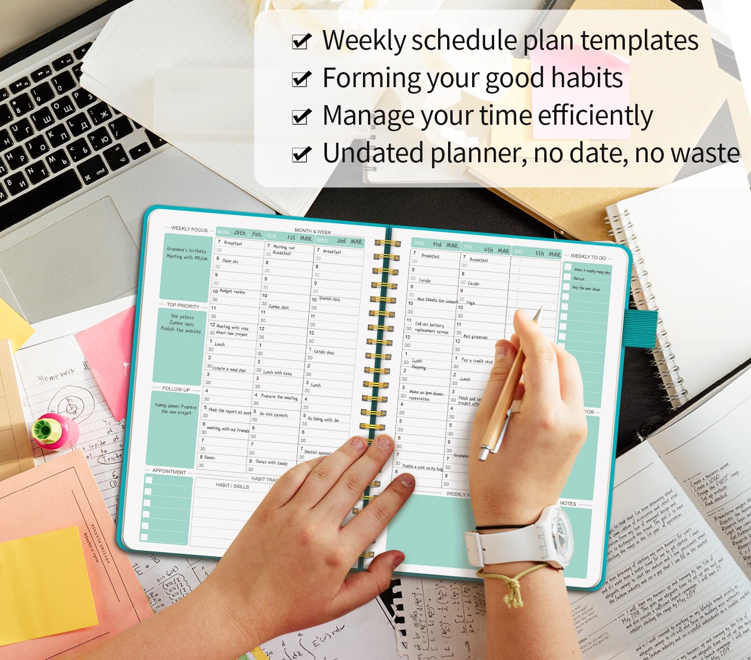 Weekly Schedule Planner Undated with Year Weekly Monthly, Hourly Appointment Book Academic Planner, 53 Weeks,12 Month Journal Notebook Productivity with TwinWire Binding Flexible Cover for School