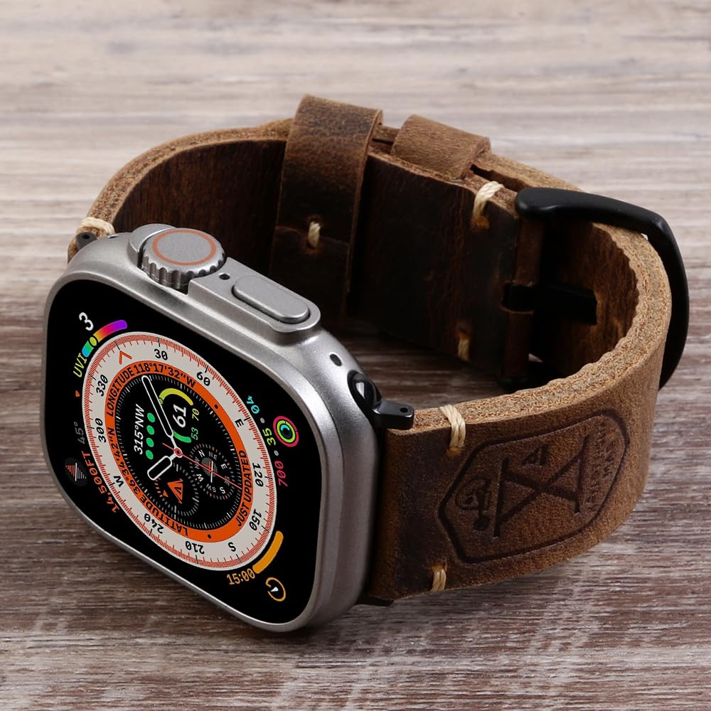 WONJOY Compatible with Apple Watch Band Ultra 2/1 49mm 45mm 44mm 42mm 41mm 40mm 38mm iWatch Series 9/8/7/SE/6/5/4/3/2/1, Retro Leather Handmade Strap for Men Women