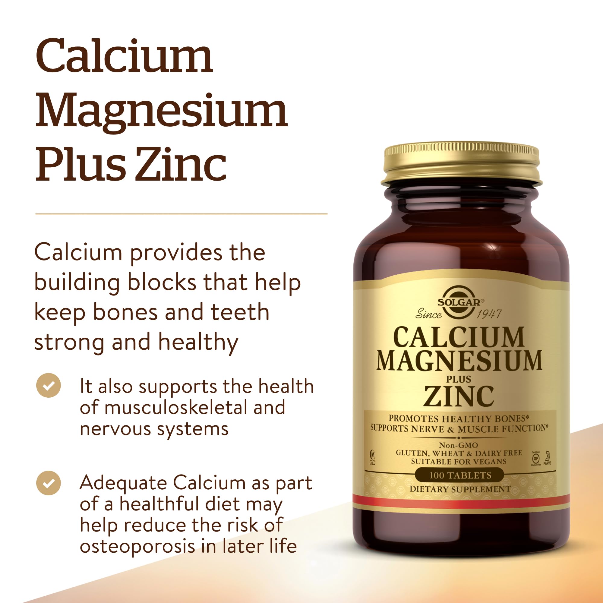 Solgar Calcium Magnesium Plus Zinc, 100 Tablets - Promotes Healthy Bones and Teeth - Supports Nerve & Muscle Function - Non GMO, Vegan, Gluten Free, Dairy Free, Kosher, Halal - 33 Servings