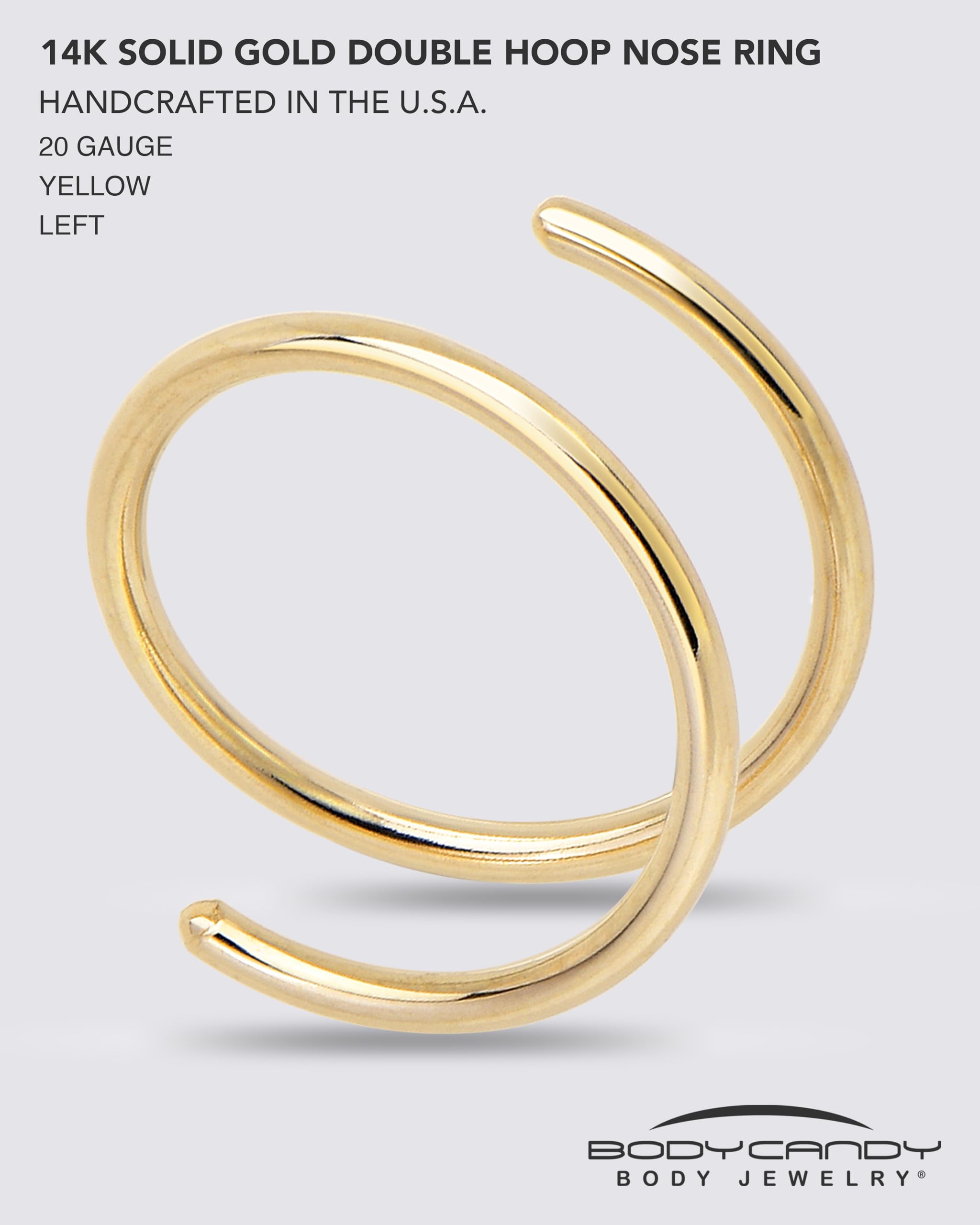 Solid 14k Yellow Gold Double Hoop Nose Ring for Women and Men - Hypoallergenic Spiral Nose Jewelry for Single Piercing - Handmade in USA -20 Gauge 8mm Left