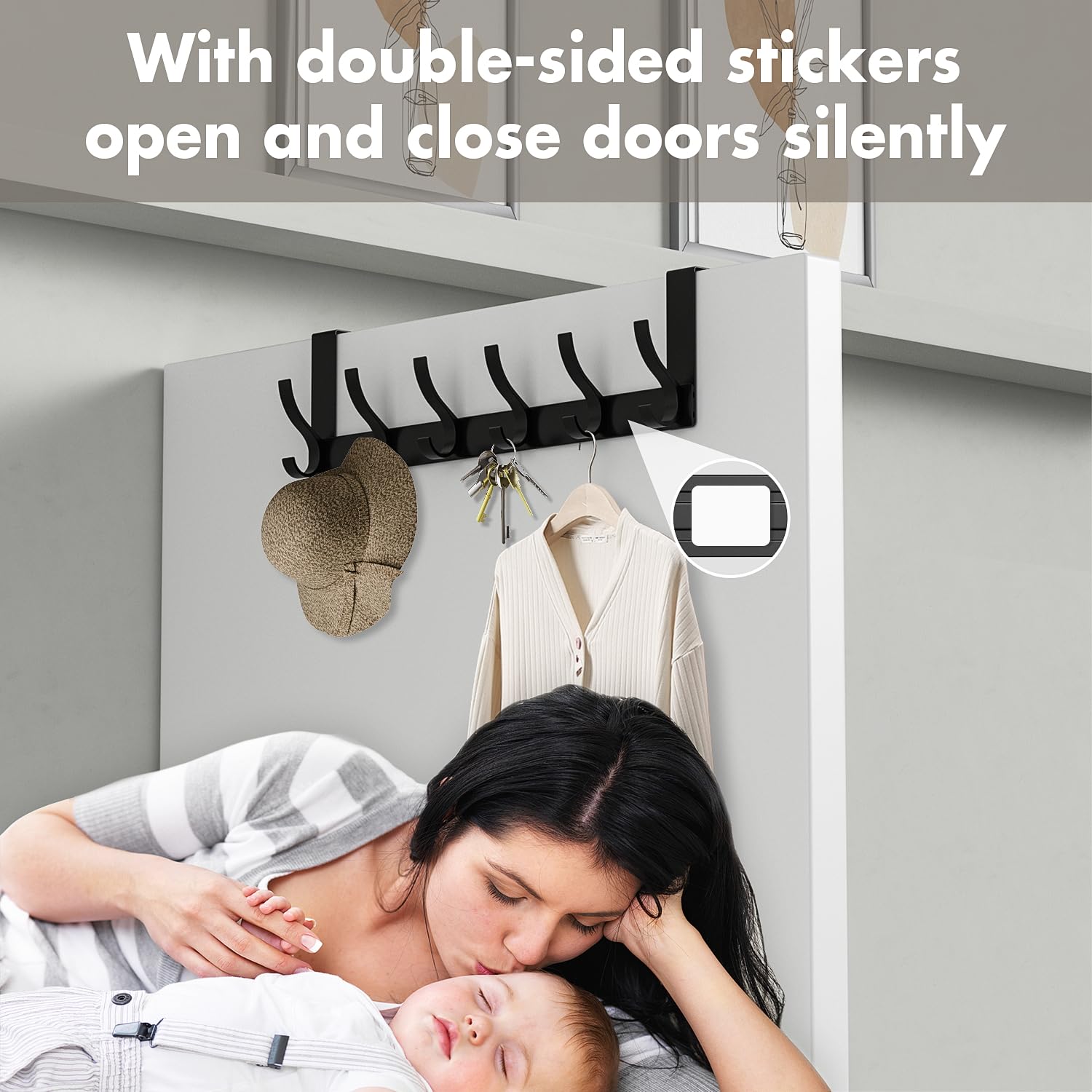TEELLA Over The Door Hooks, 12 Hooks Over The Door Hanger Hook, 15.5" L x 4.5" H Over Door Hook, Over Door Towel Rack Coat Rack, Door Hooks for Hanging, Black