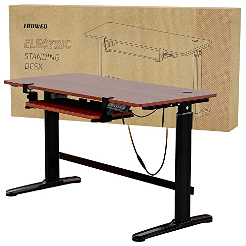 Truweo Adjustable Electric Standing Desk β 50 x 23.6 inches Sit to Stand Office Desk with Cable and Sliding Keyboard Tray β 3 Controlled Memory Height Settings β Anti-Scratch Surface β Brown