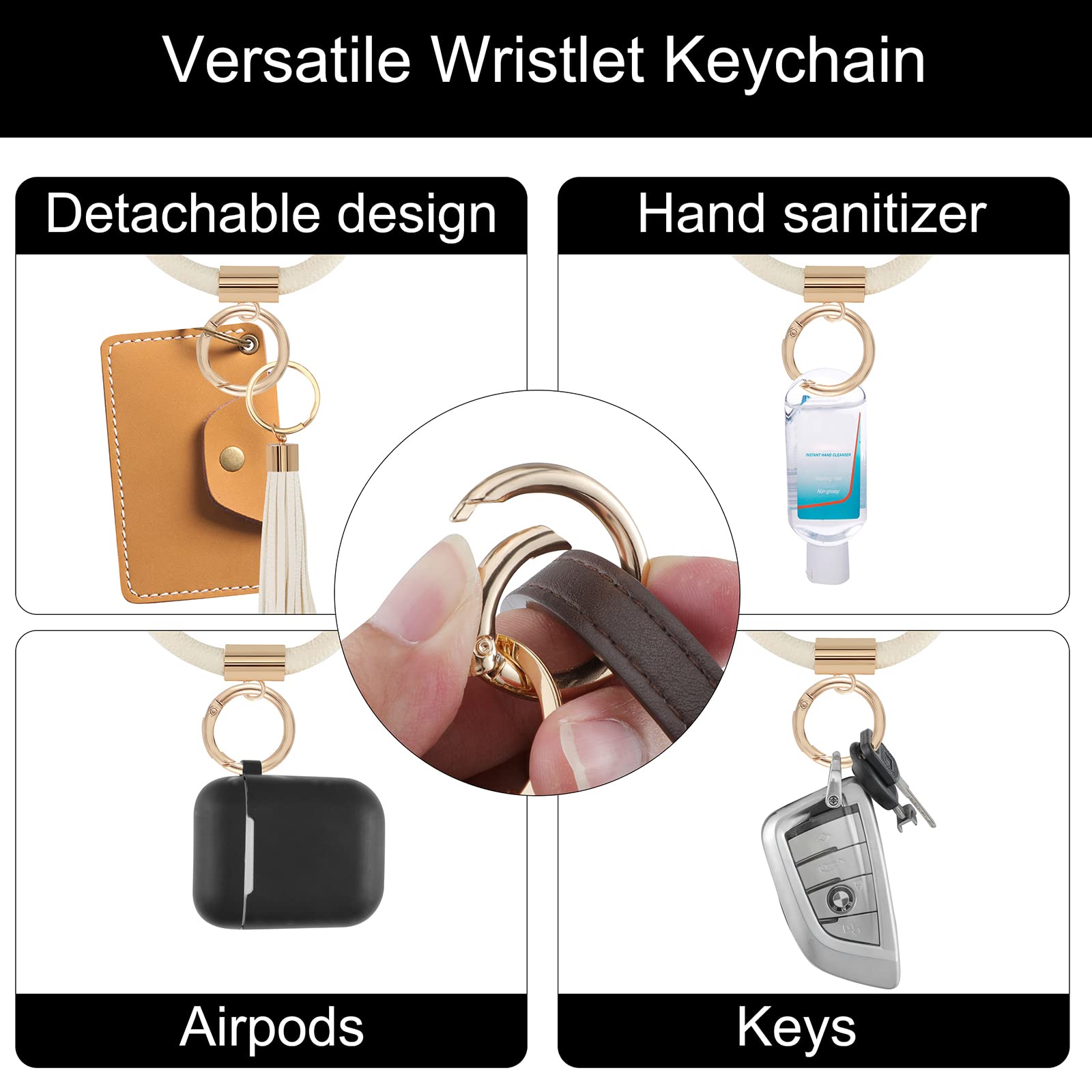 Weixiltc Key Ring Bracelet Wristlet Keychain Bangle Keyring - Portable Leather Tassel Bracelet Key Chain Holder for Women (White)