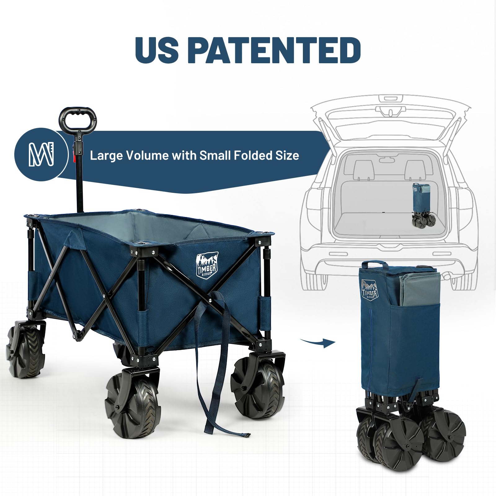 TIMBER RIDGE Collapsible Folding Wagon, Heavy Duty Utility Beach Cart with Big All-Terrain Wheels for Shopping Camping Garden with Side Bag and Cup Holders,Navy