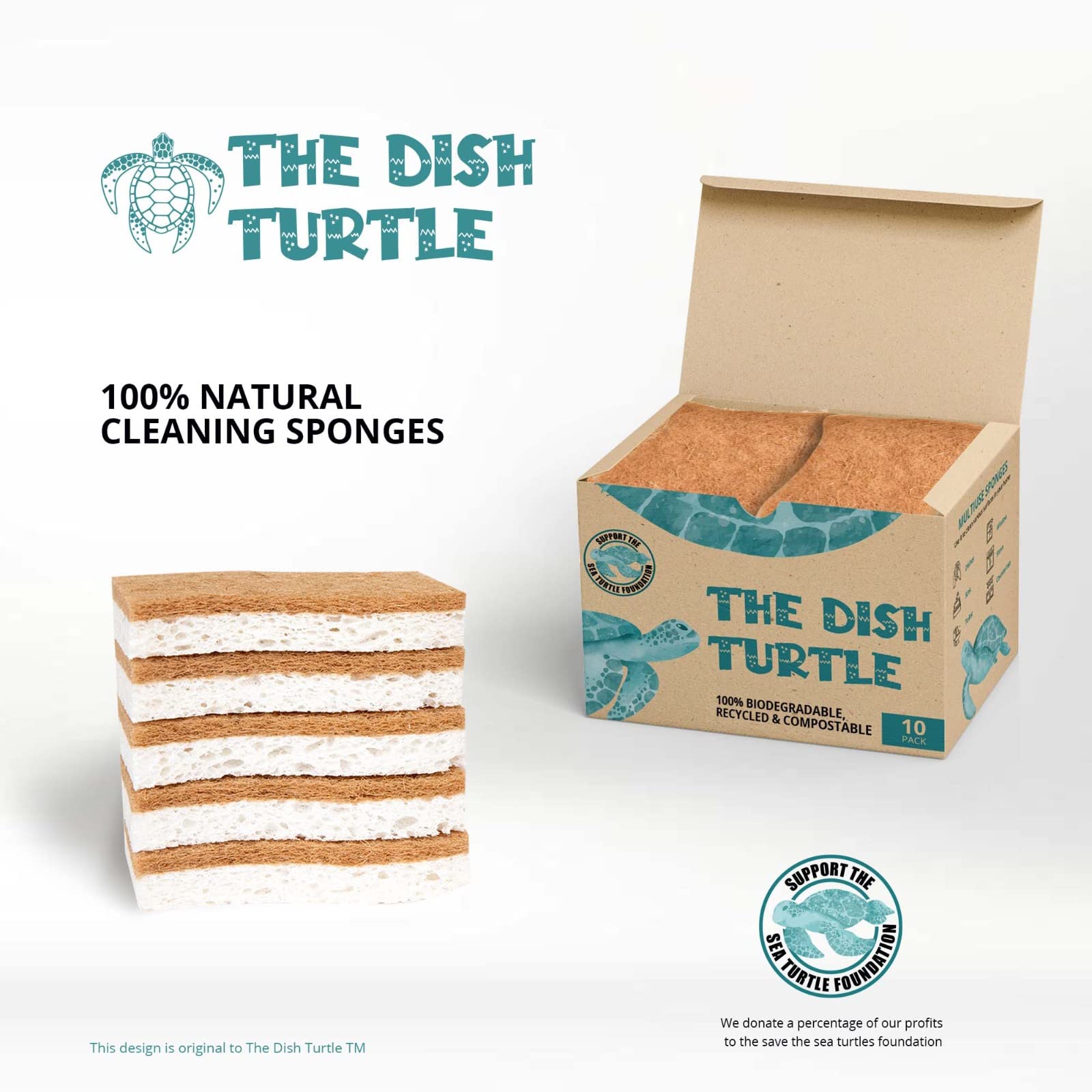 The Dish Turtle 10 Pack Biodegradable Dish Sponges and 100% Compostable; Natural Materials, Silicone, Stink Resistant, Quick Drying, Multiuse, Recyclable