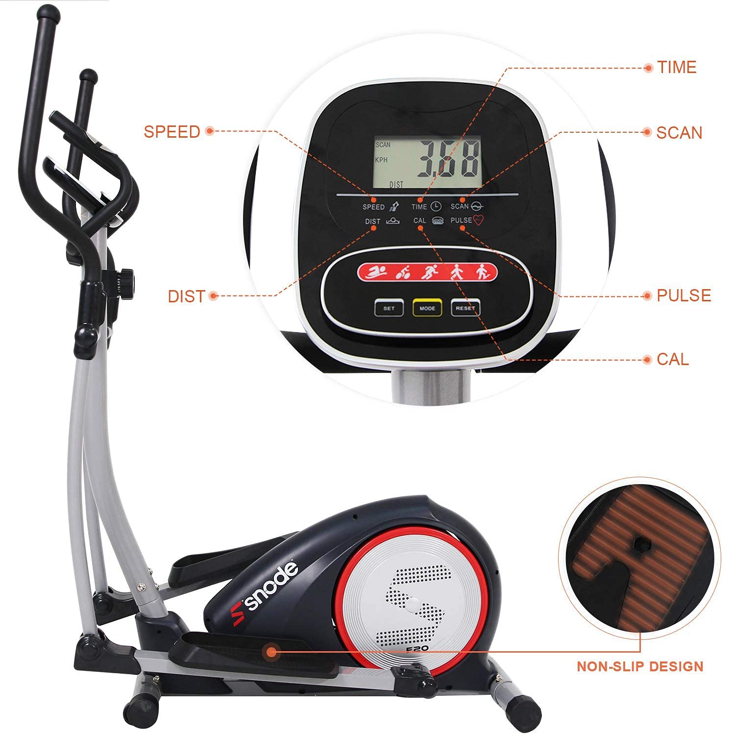 SNODE E20 Elliptical Exercise Machine, Eliptical Machine for Home Use with 8 Resistance Level & 22 lbs Flywheel, Magnetic Resist, 300lbs Weight Limit (E20)