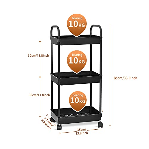 WASJOYE 3-Tier Plastic Rolling Utility Cart with Handle, Black Home Kitchen Office Storage Trolley Cart with Wheels (14 * 8.9 * 33.5 Inch)