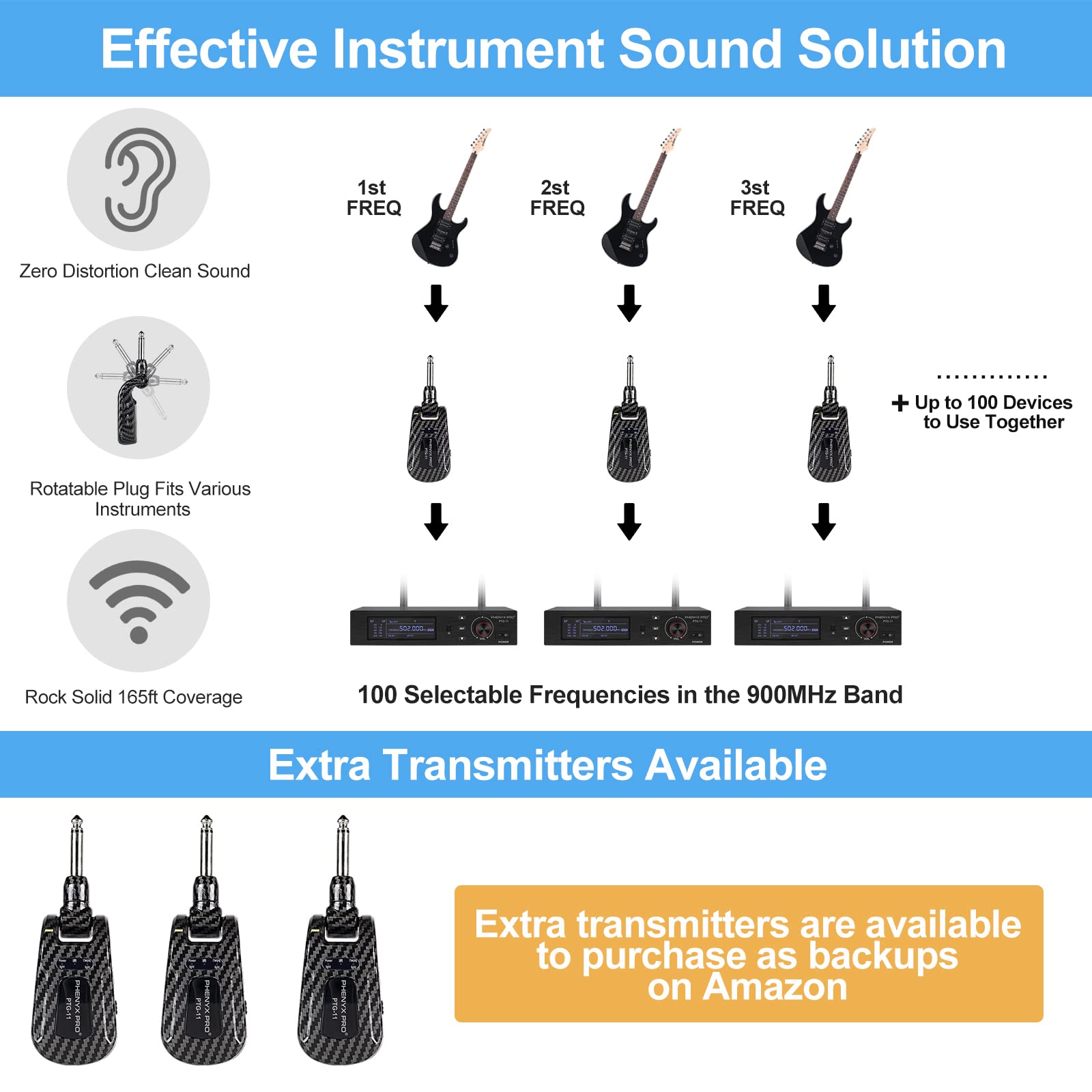 Wireless Guitar System, Phenyx Pro True Diversity Guitar Wireless Set w/Rechargeable Wireless Guitar Transmitter, 100 UHF Channels, Wireless Instrument System for Electric Guitar Bass (PTG-11)