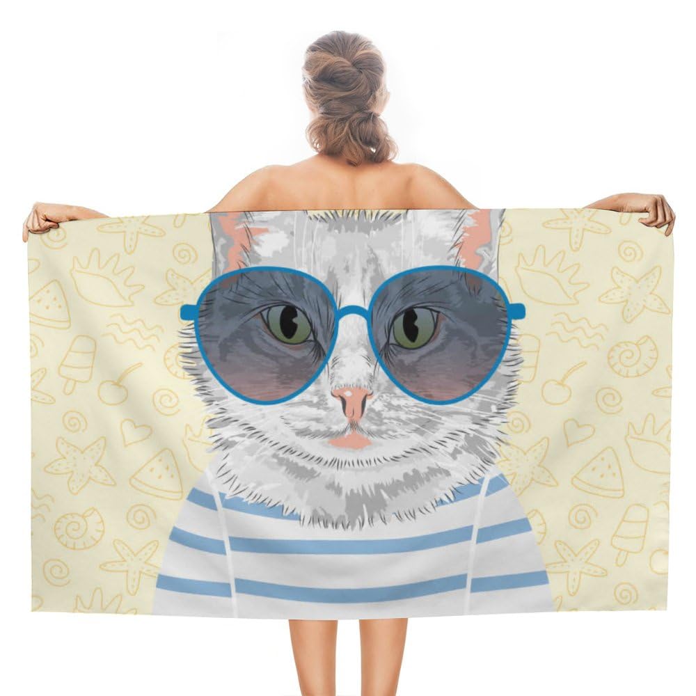 Stylized Portrait Cat Microfiber Absorbent Lightweight Beach Towels Fast Dry Oversized Sand Free Beach Blanket 31x51in for Swimming Camping Travel Gym and Yoga
