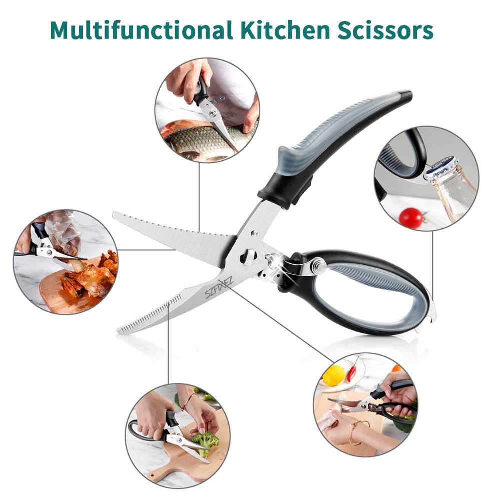 SZFIXEZ Kitchen Scissors Heavy Duty Poultry Shears for Cutting Meat, Seafood,Chicken Bone Game Poultry Chopping Food - Stainless Steel Spring Loaded Scissors