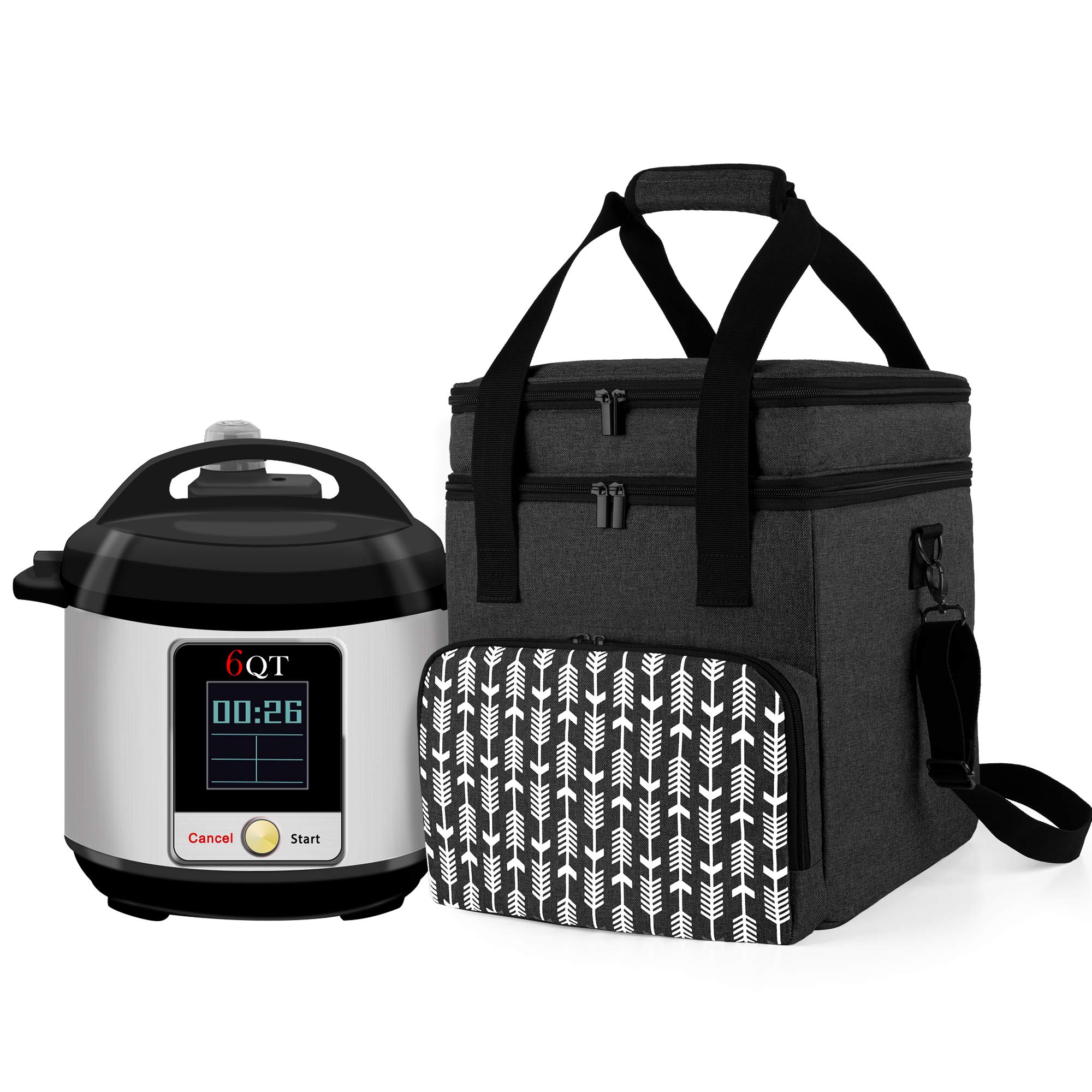 Yarwo Carrying Bag Compatible with Instant Pot 6 Quart, Pressure Cooker Travel Tote Bag with Pockets for Kitchen Accessories, Black with Arrow (PATENTED DESIGN)
