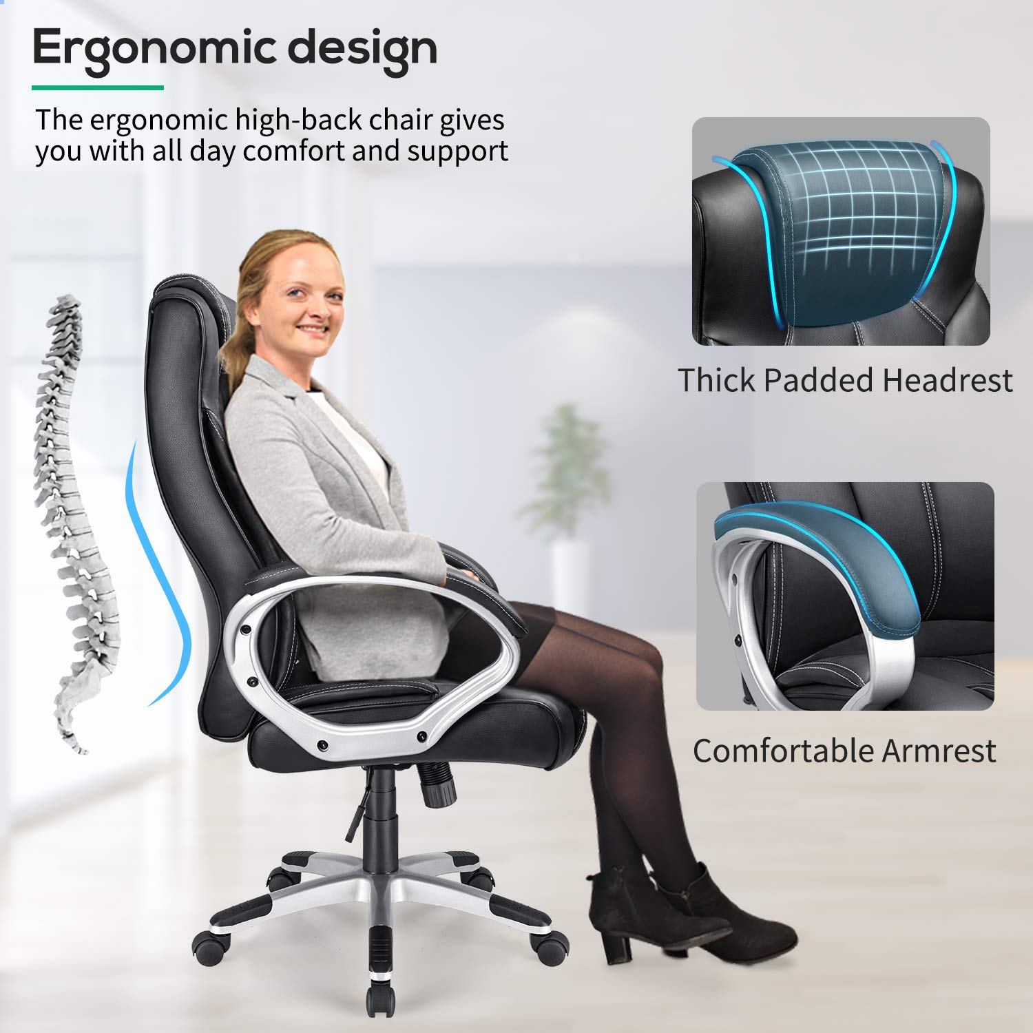 VICTONE High Back Office Chair, Adjustable Ergonomic Desk Chair PU Leather Executive Computer Chair with Armrests Lumbar Support (Black)