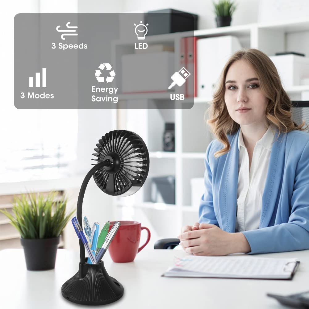 TREKOO Desk Fan Lamp Combo Rechargeable Battery Powered USB Personal Fan 3 Speeds 3 Light Brightness Flexible Gooseneck Small LED Lamp Table Fan Compatible with Adapter/PC/Power Bank