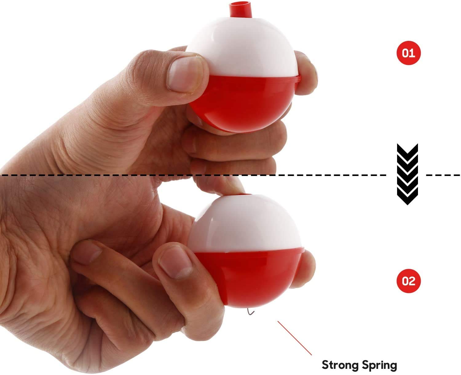 ZONGR Various Sizes Fishing Bobbers Set 5 Float Fishing Float Push Button Snap-on Floats Red and White Bobber Fishing Tackle,1/1.25/1.5/1.75/2 Inches ABS