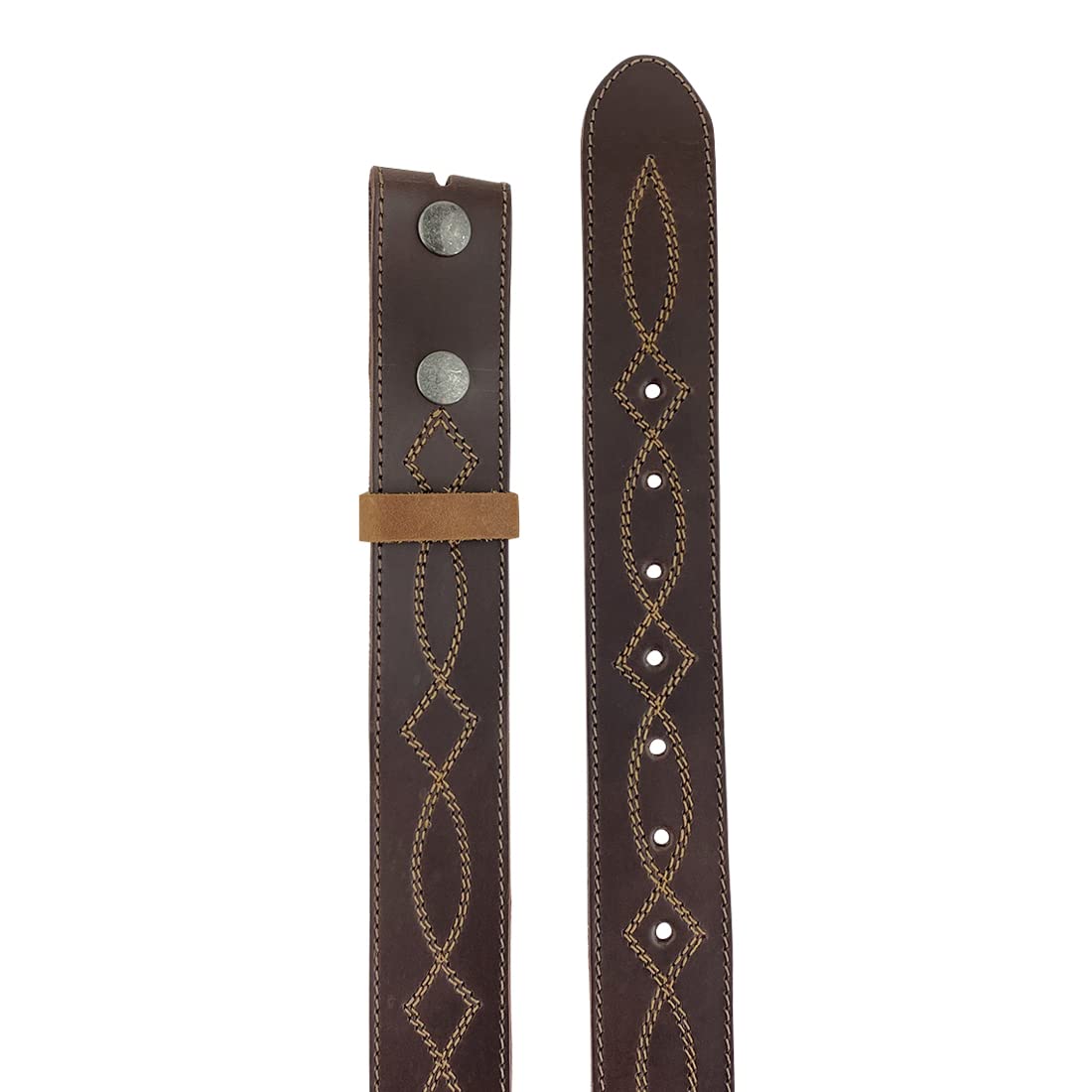 Western Leather Works, Rustic No Buckle Belt with Cowboy Stitching Handmade from Full Grain Leather - Snap On Belt (34)