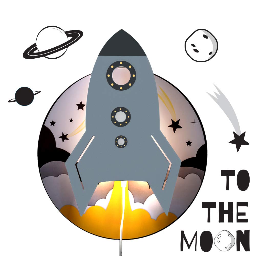 SMART WALLABY Wall Lamp & Decals Set for Kids. Spaceship Shaped LED Night Light Sconce + Space Theme Wall Stickers. Quick, Easy & Modular Nursery or Kids Room Décor Upgrade