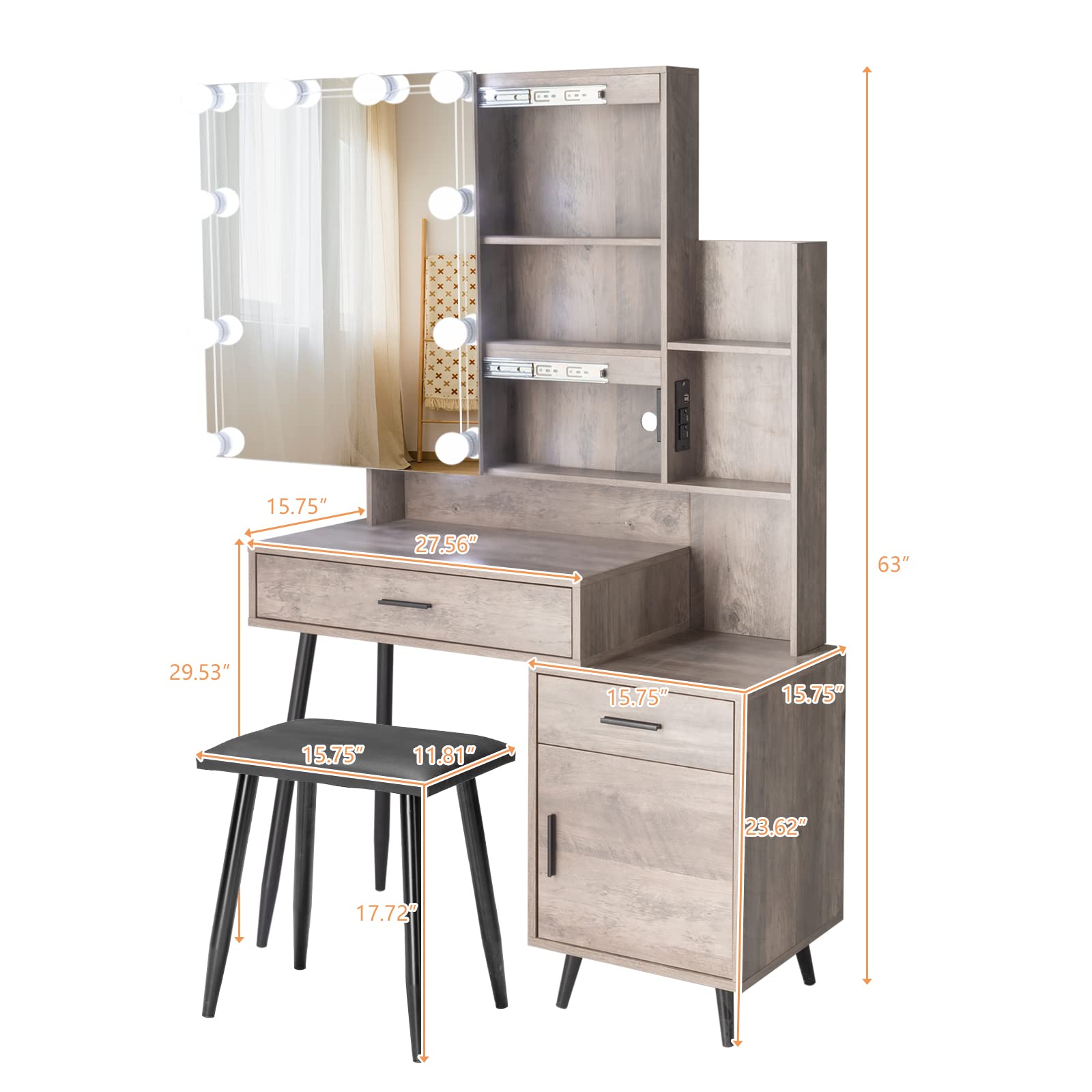 VINGLI Vanity Desk with Sliding Mirror & Lights & Charging Station & Drawers & Shelves & Door, Farmhouse Modern Makeup Vanity Set with Stool (Rustic Gray, 39'' x 16'' x 63'', Bench included)