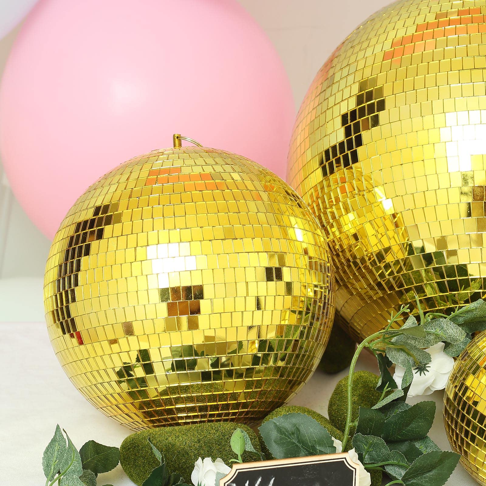 TABLECLOTHSFACTORY 4 Pcs 4" Gold Glass Mirror Disco Ball with Hanging String Christmas Ornaments